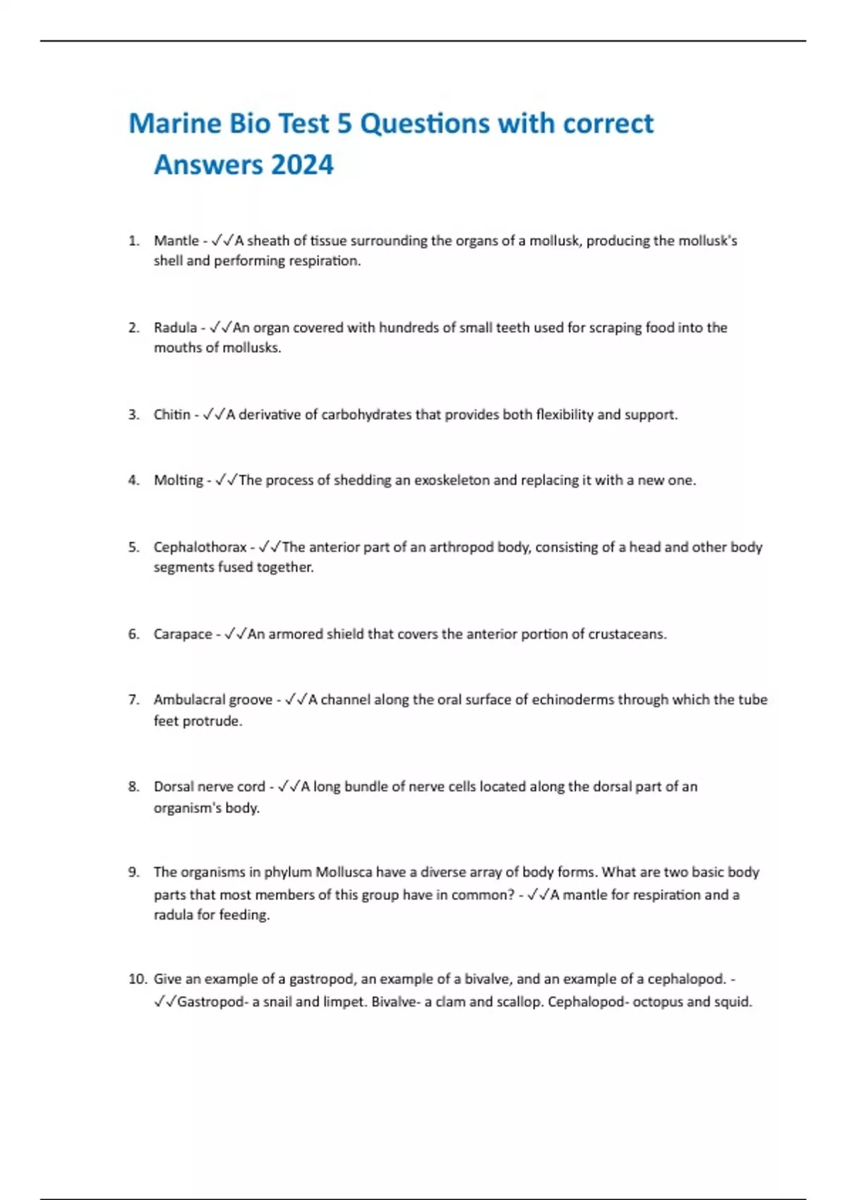 Marine Bio Test 5 Questions with correct Answers 2024 - Marine Biology ...
