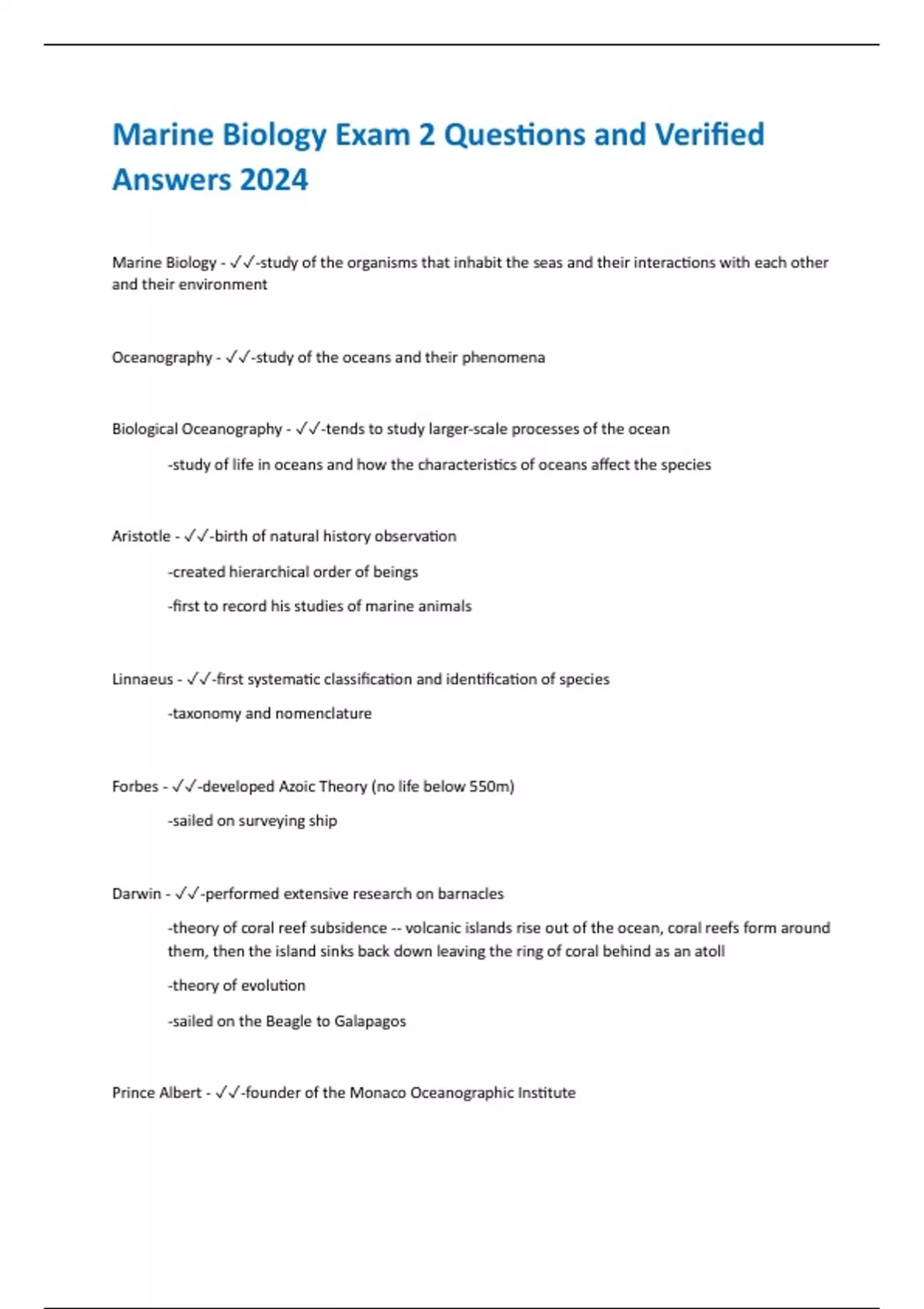 Marine Biology Exam 2 Questions and Verified Answers 2024 - Marine ...