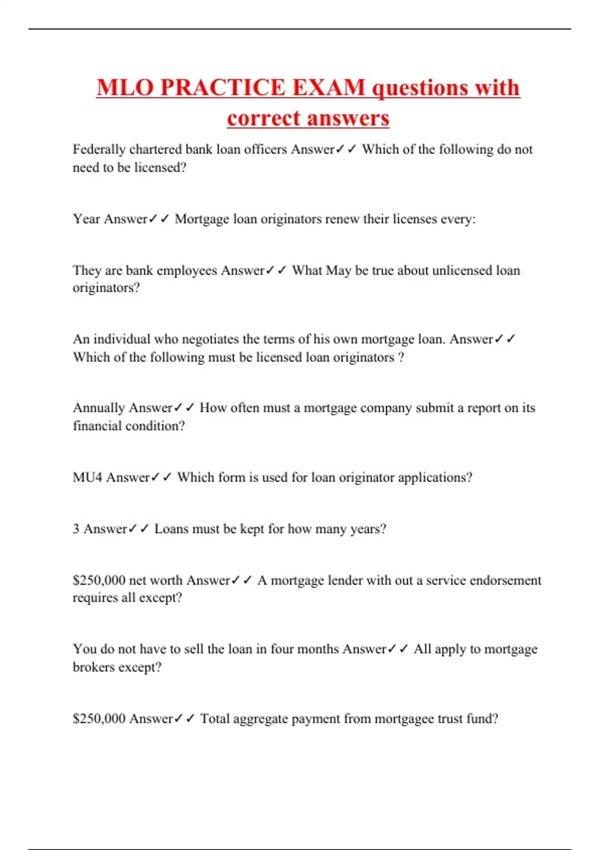 MLO PRACTICE EXAM questions with correct answer1 - Safe MLO - Stuvia US