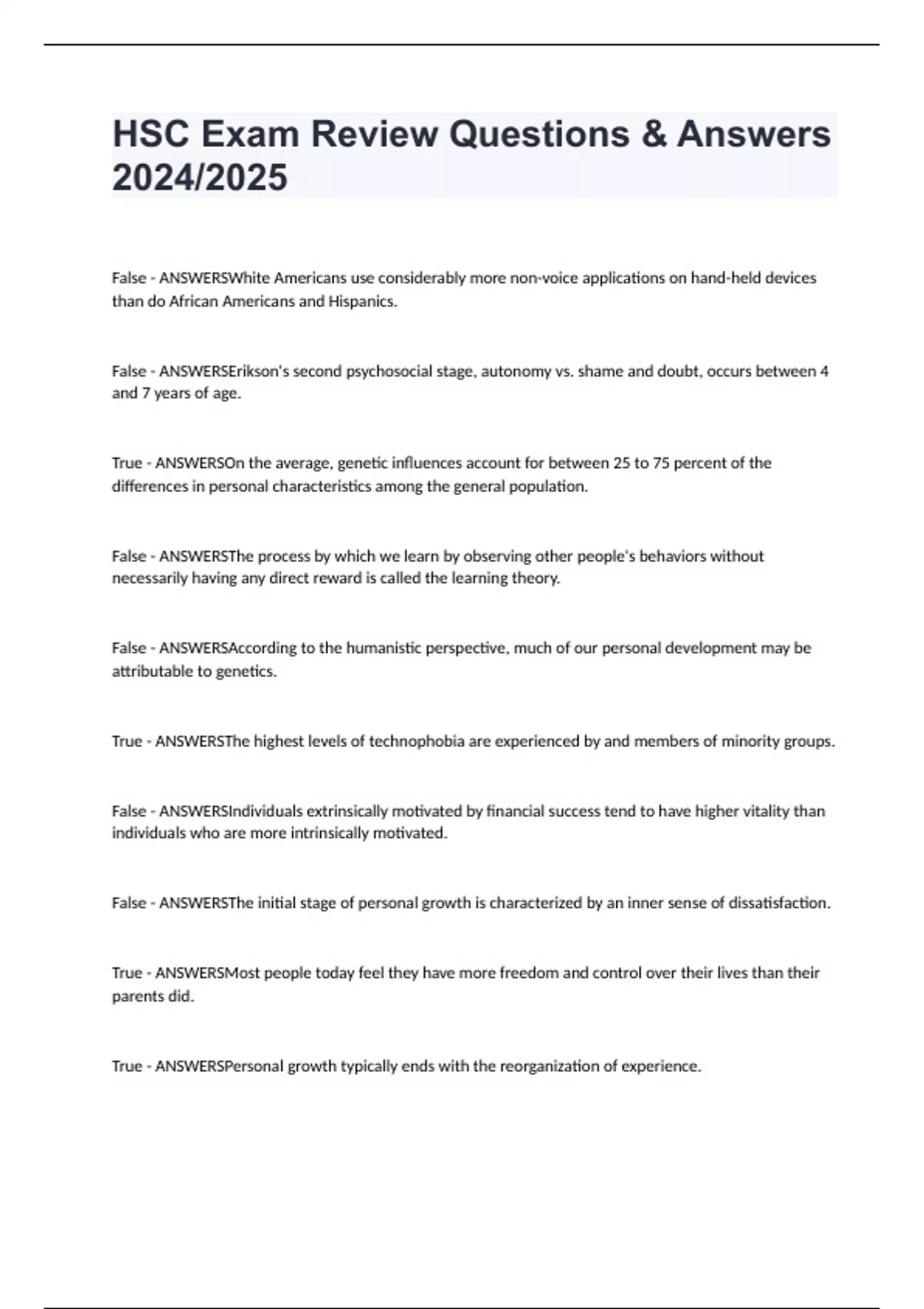 HSC Exam Review Questions & Answers 2024/2025 - HSC - Stuvia US