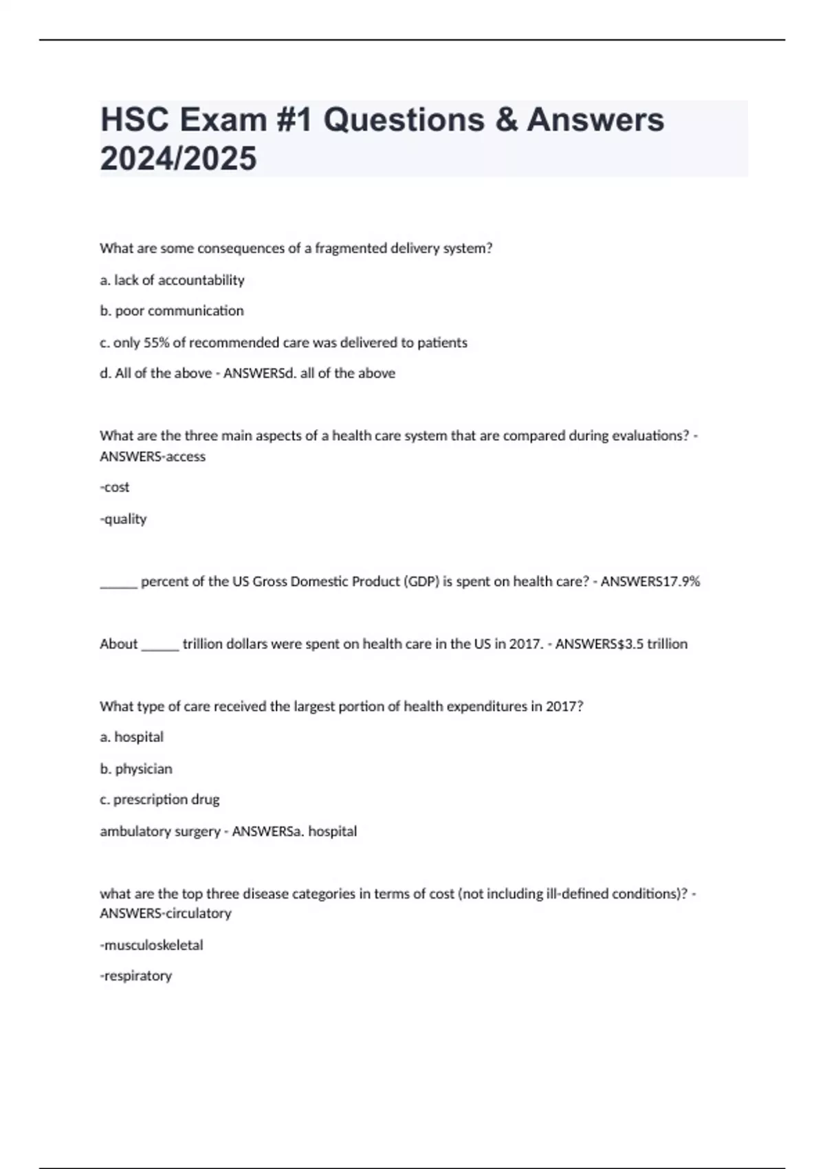 HSC Exam #1 Questions & Answers 2024/2025 - HSC - Stuvia US