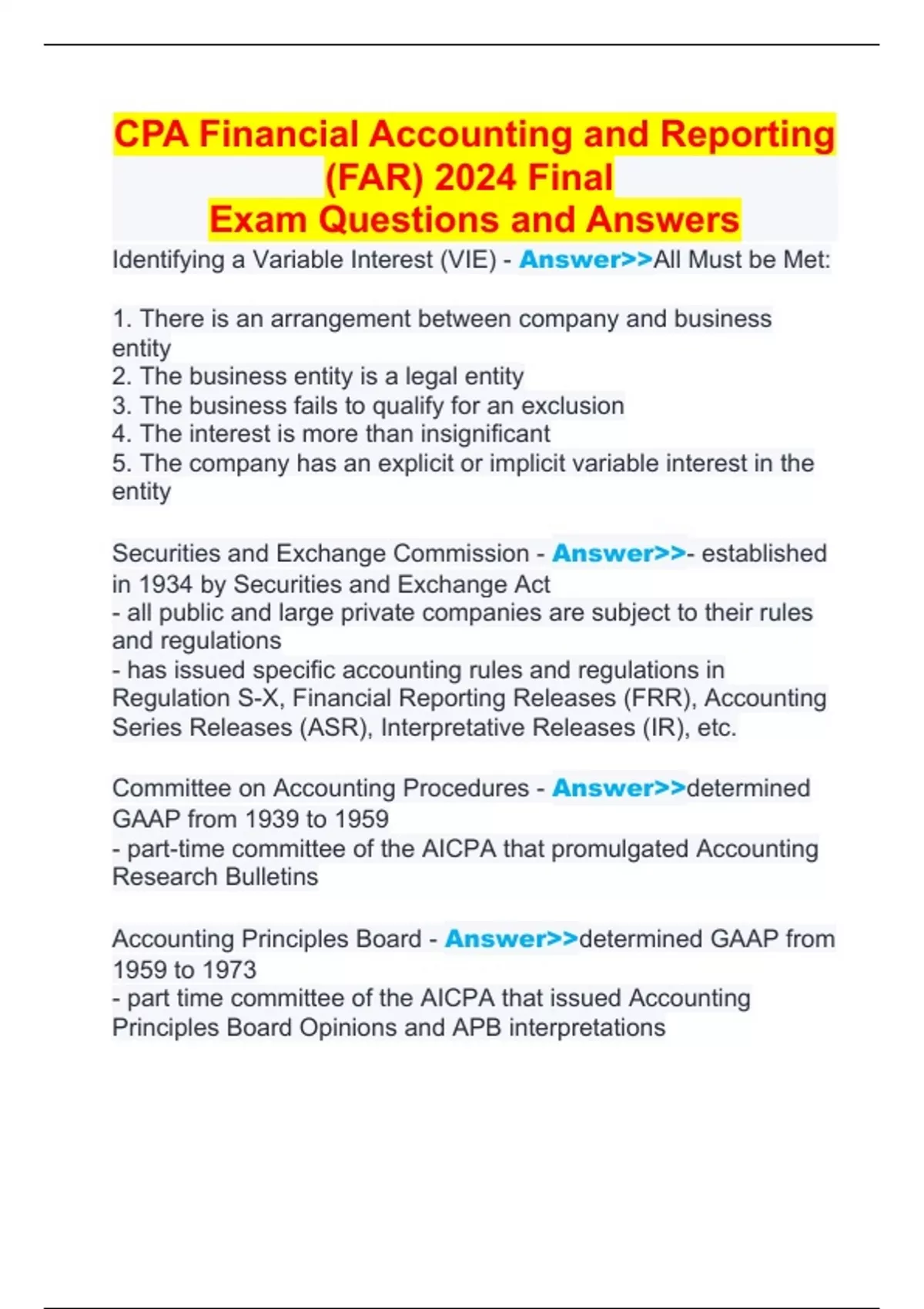 CPA Financial Accounting and Reporting (FAR) 2024 Final Exam Questions and Answers - AICPA ...