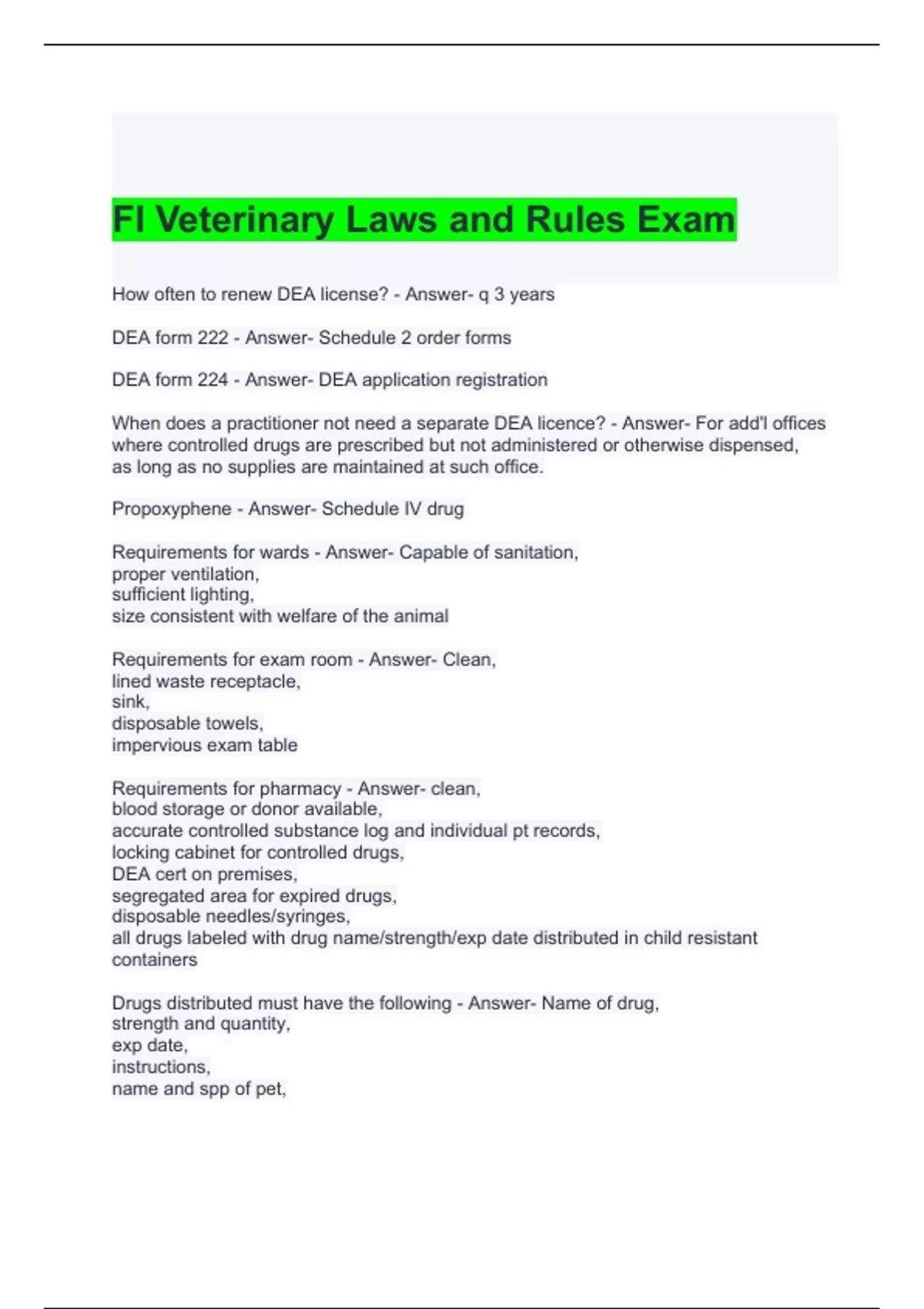Fl Veterinary Laws and Rules Exam Questions and Answers 2024 ...
