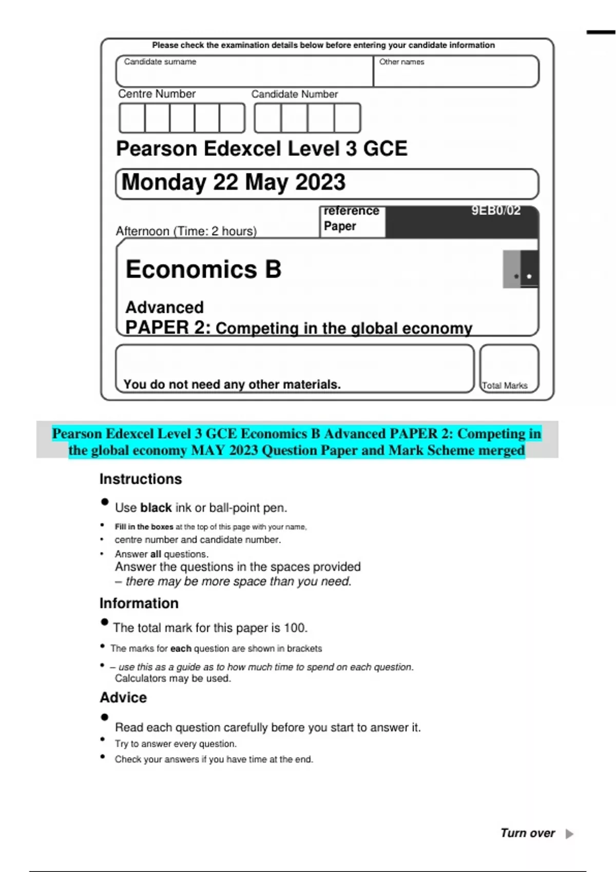 Pearson Edexcel Level 3 GCE Economics B Advanced PAPER 2: Competing in ...