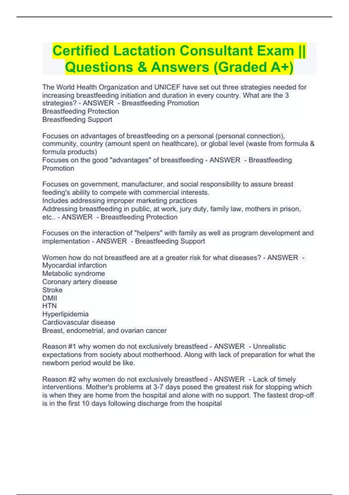 Certified Lactation Consultant Exam || Questions & Answers (Graded A+ ...
