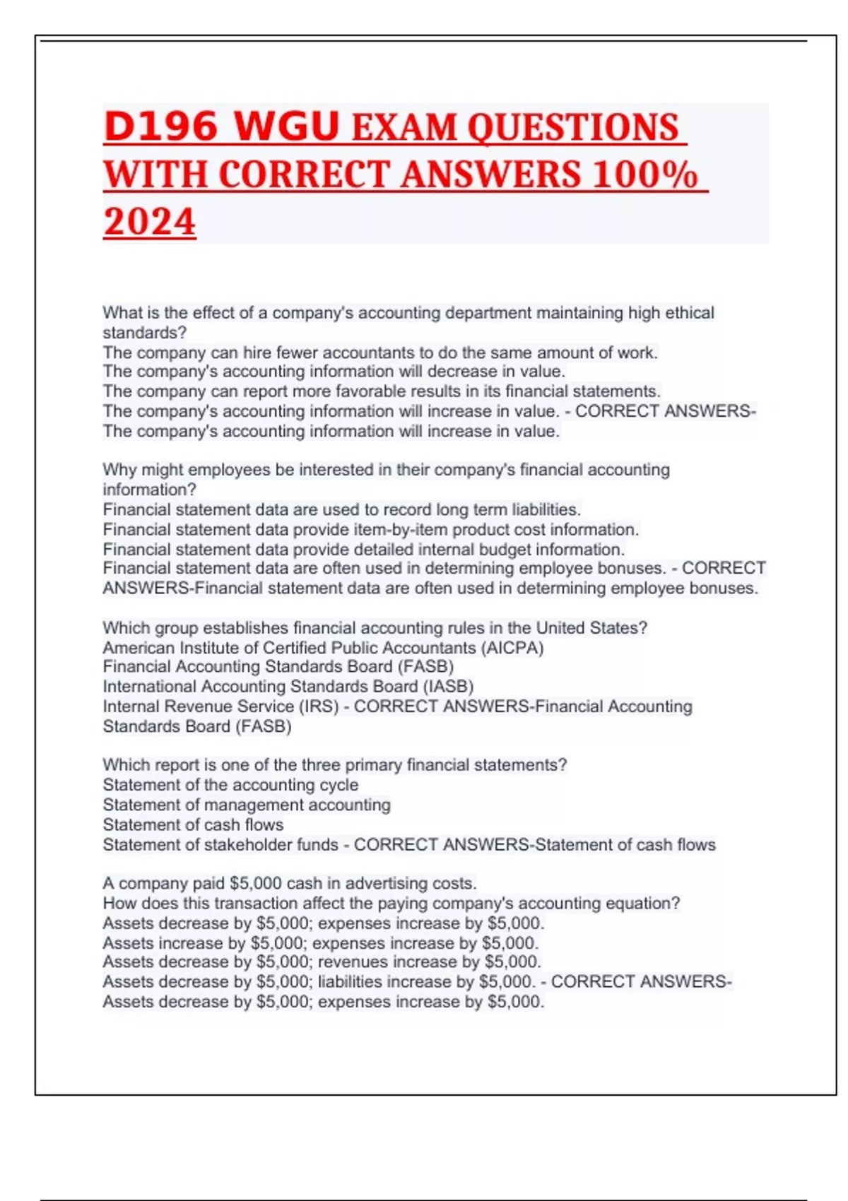 D196 WGU EXAM QUESTIONS WITH CORRECT ANSWERS 100% 2024 - D196 WGU - Stuvia US