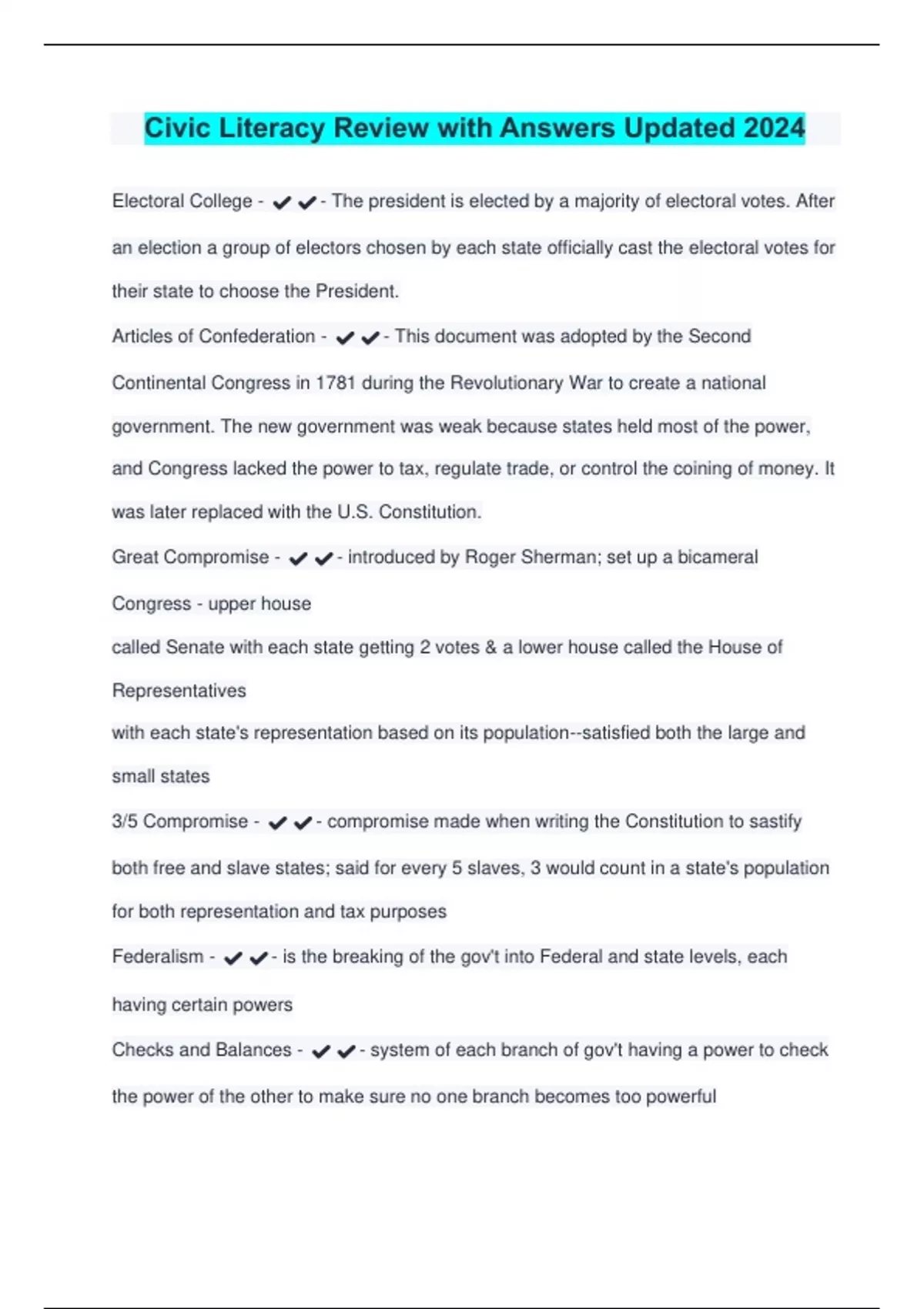 Civic Literacy Review with Answers Updated 2024 - Civic Literacy ...