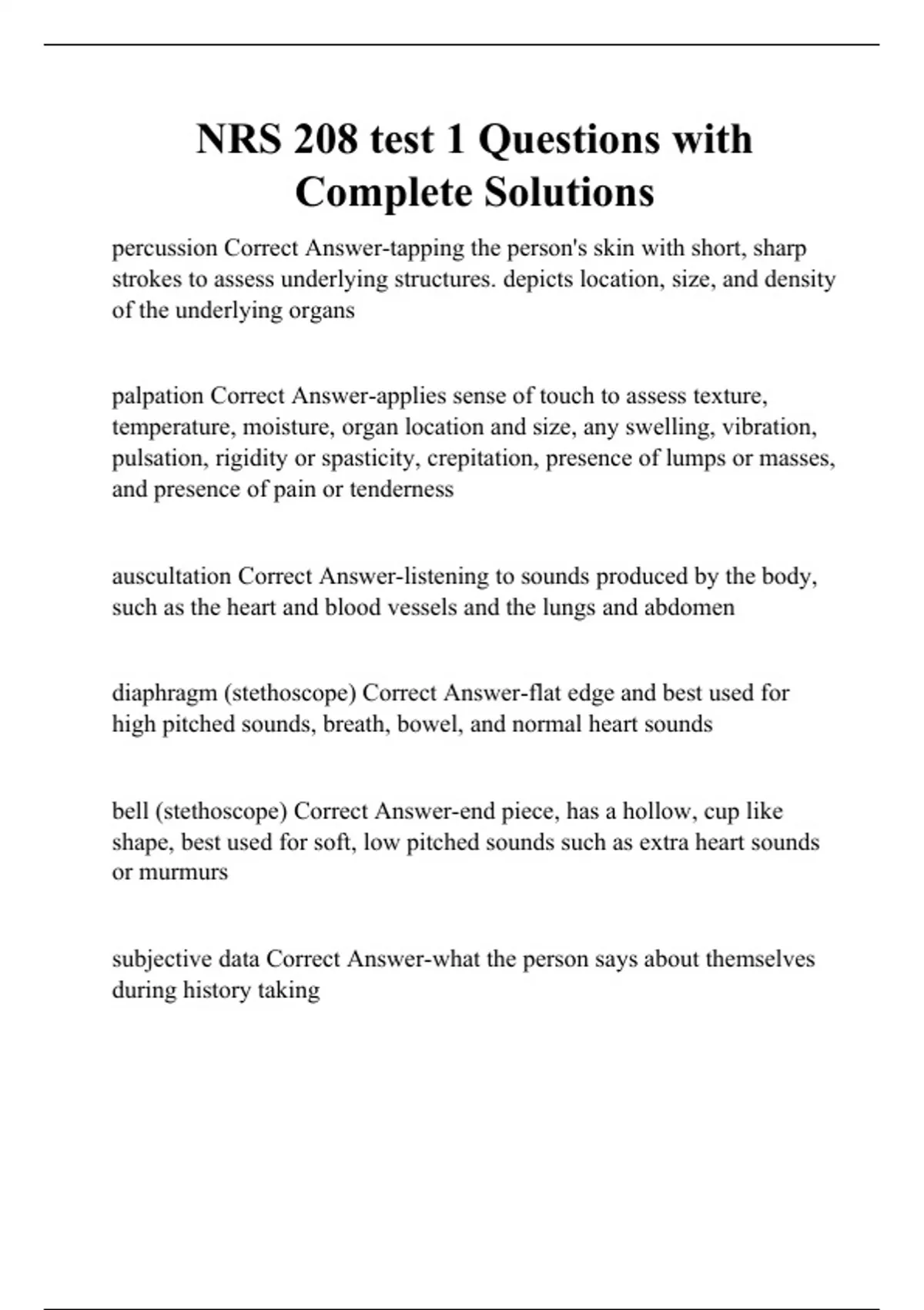 NRS 208 test 1 Questions with Complete Solutions - NRS 208 - Stuvia US