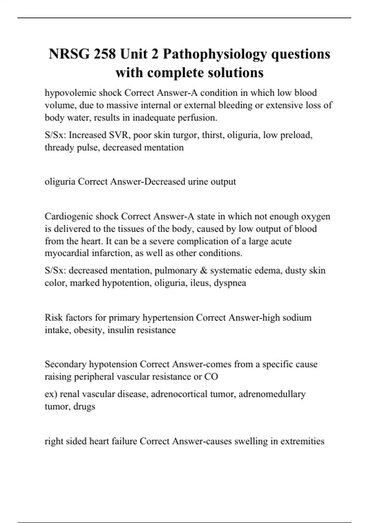 NRSG 258 Unit 2 Pathophysiology questions with complete solutions - NRSG 258 - Stuvia US