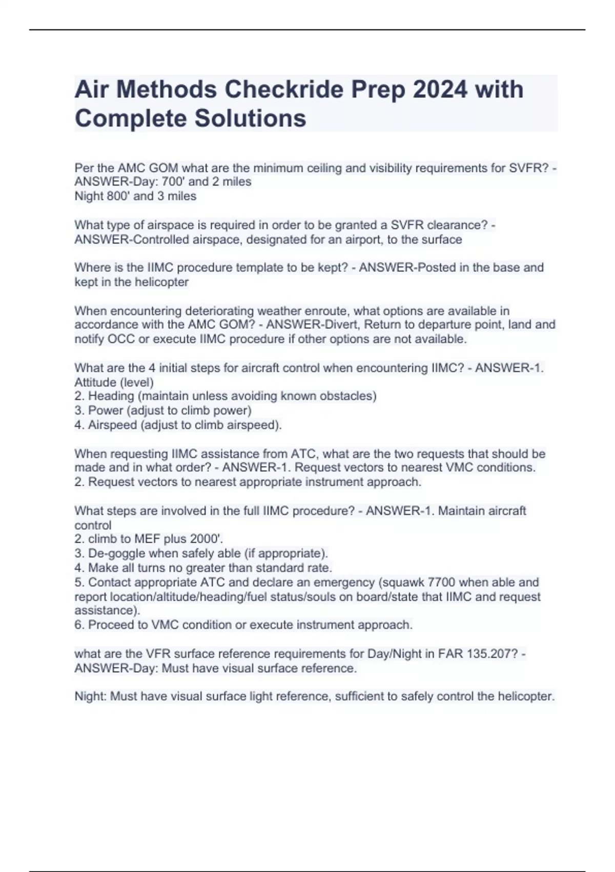 Air Methods Checkride Prep 2024 with Complete Solutions - Air Methods ...