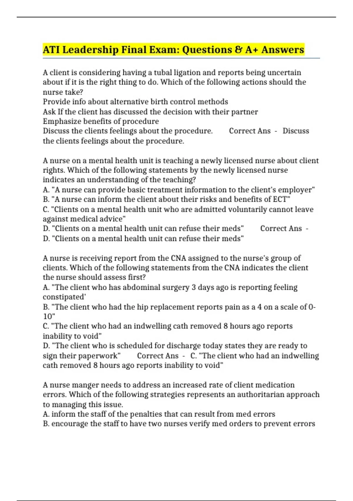 ATI Leadership Final Exam: Questions & A+ Answers - ATI Leadership ...