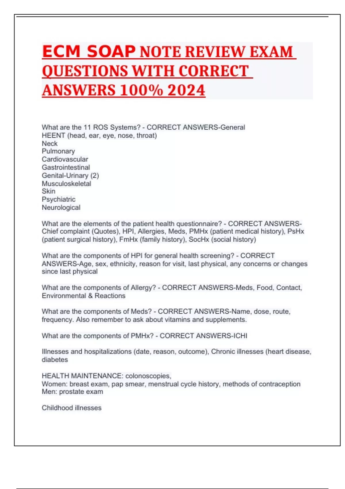 ECM SOAP NOTE REVIEW EXAM QUESTIONS WITH CORRECT ANSWERS 100% 2024 ...