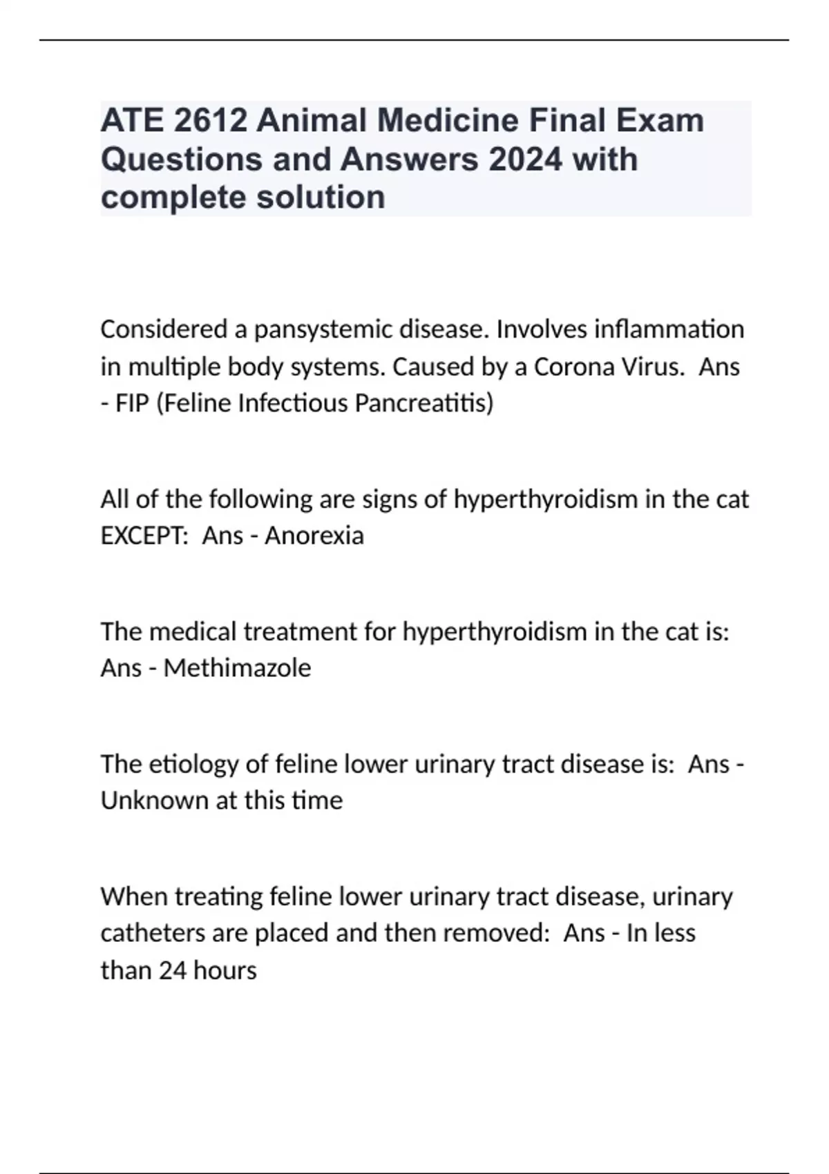 ATE 2612 Animal Medicine Final Exam Questions and Answers 2024 with ...