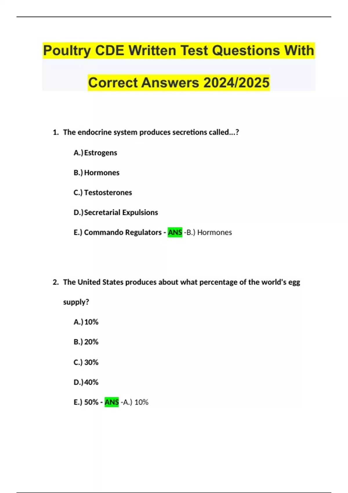 Poultry CDE Written Test Questions With Correct Answers 2024/2025 ...