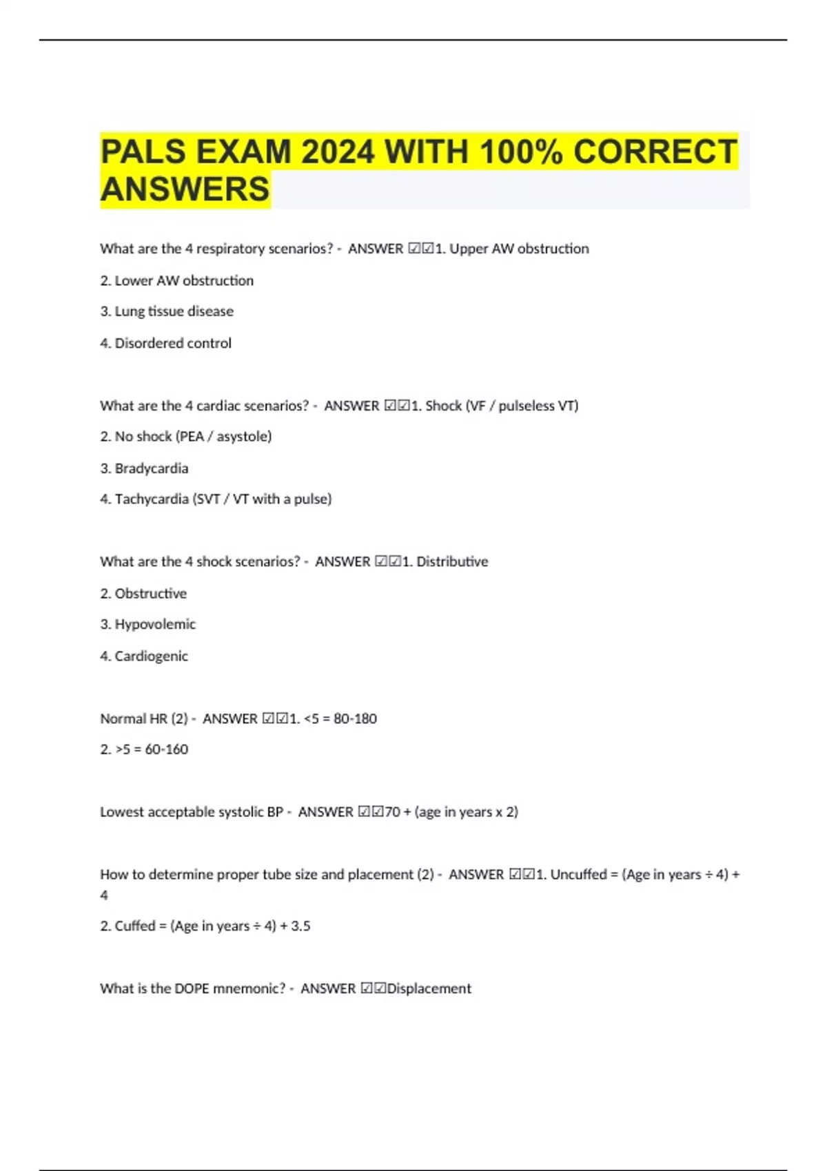 PALS EXAM 2024 WITH 100% CORRECT ANSWERS - PALS - Stuvia US