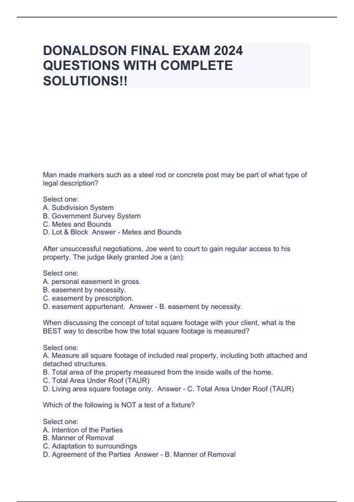 DONALDSON FINAL EXAM 2024 QUESTIONS WITH COMPLETE SOLUTIONS ...