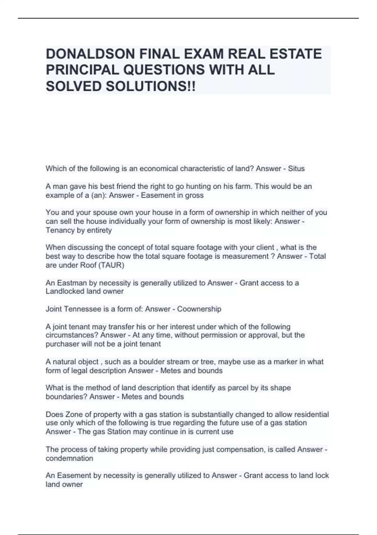 DONALDSON FINAL EXAM REAL ESTATE PRINCIPAL QUESTIONS WITH ALL SOLVED ...