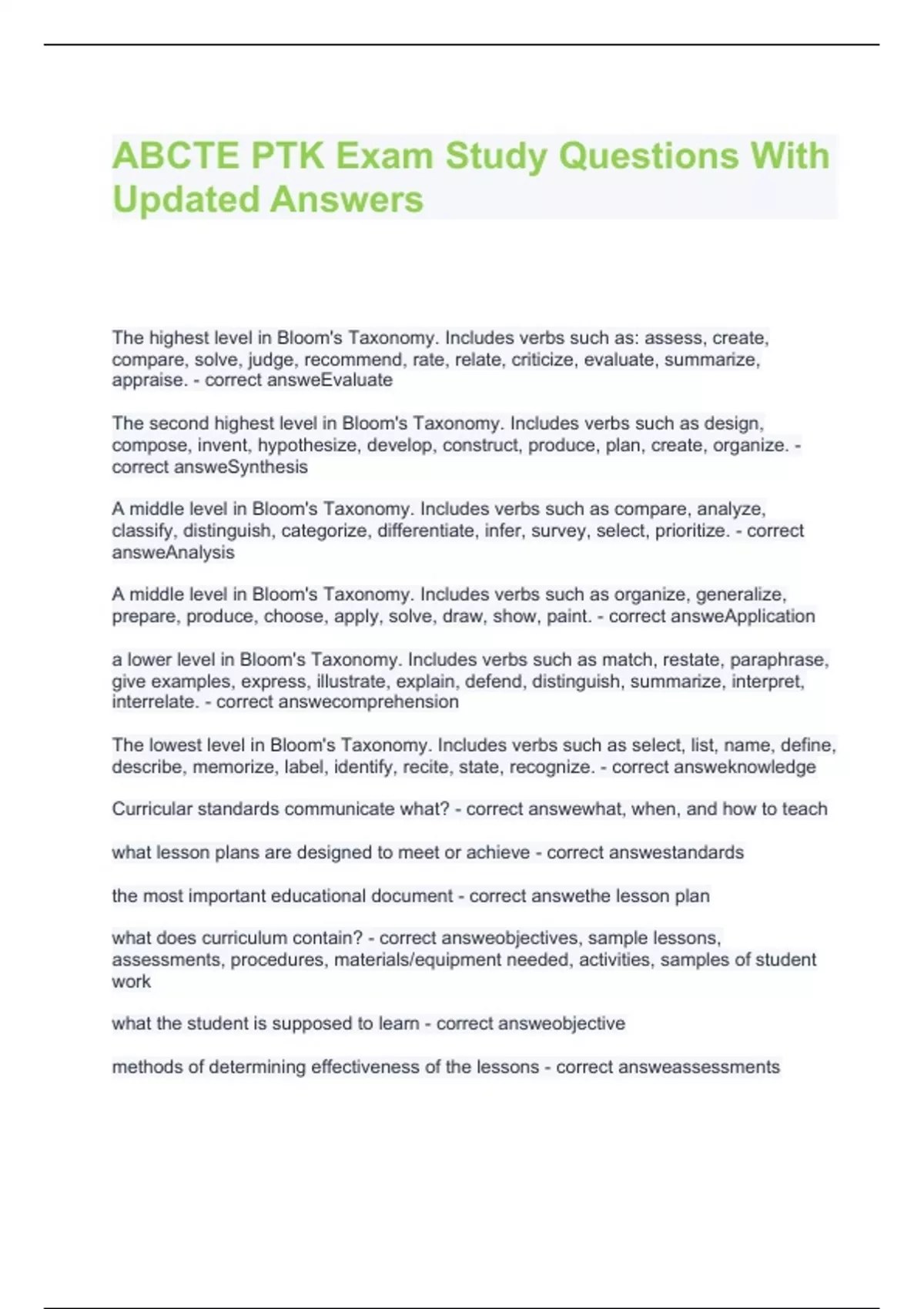ABCTE PTK Exam Study Questions With Updated Answers - ABCTE PTK - Stuvia US