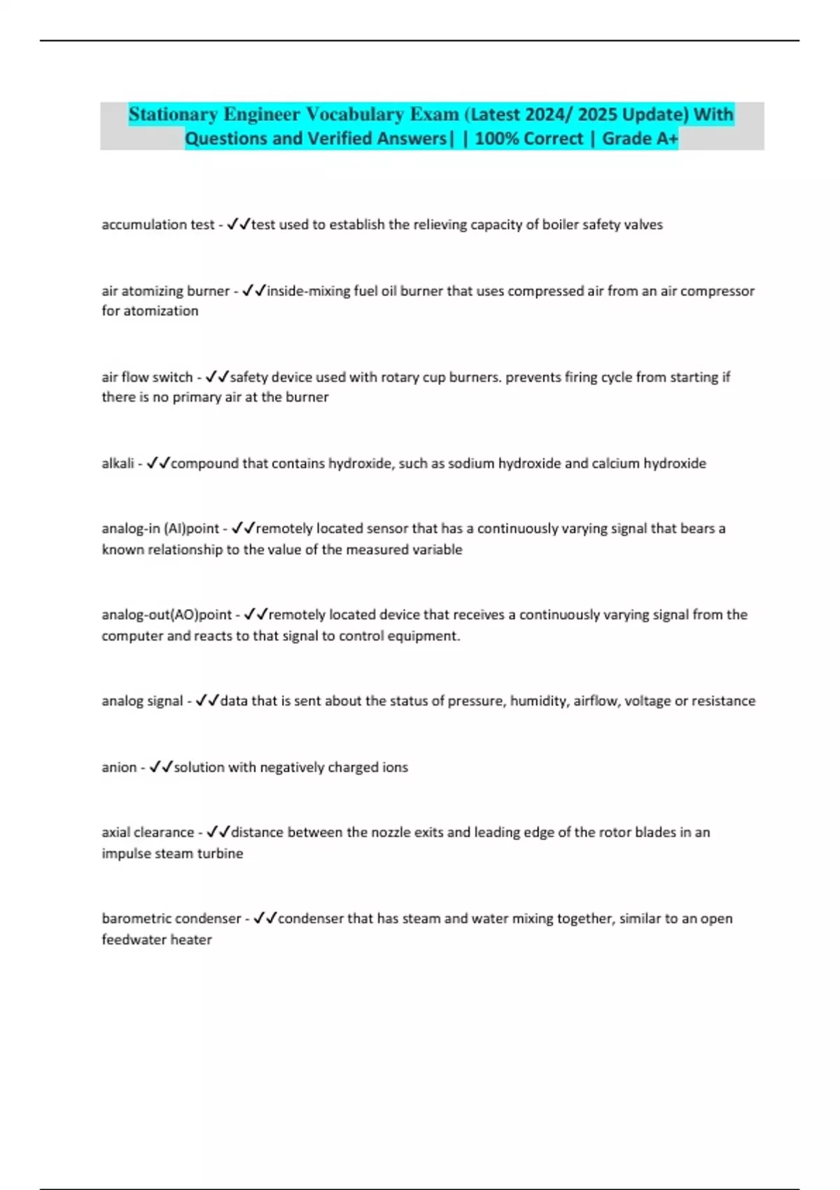 Stationary Engineer Vocabulary Exam (Latest 2024/ 2025 Update) With ...