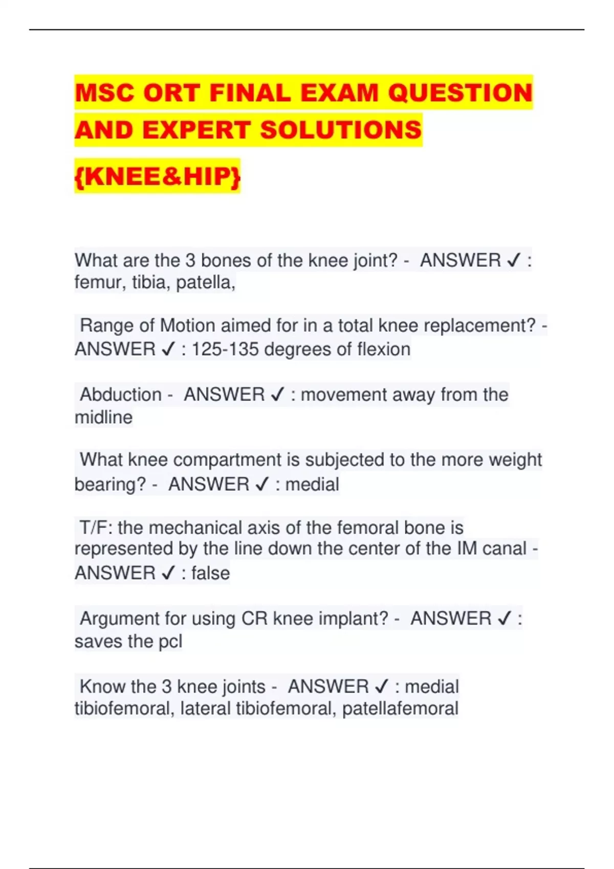 MSC ORT FINAL EXAM QUESTION AND EXPERT SOLUTIONS {KNEE&HIP} - MSC ORT ...