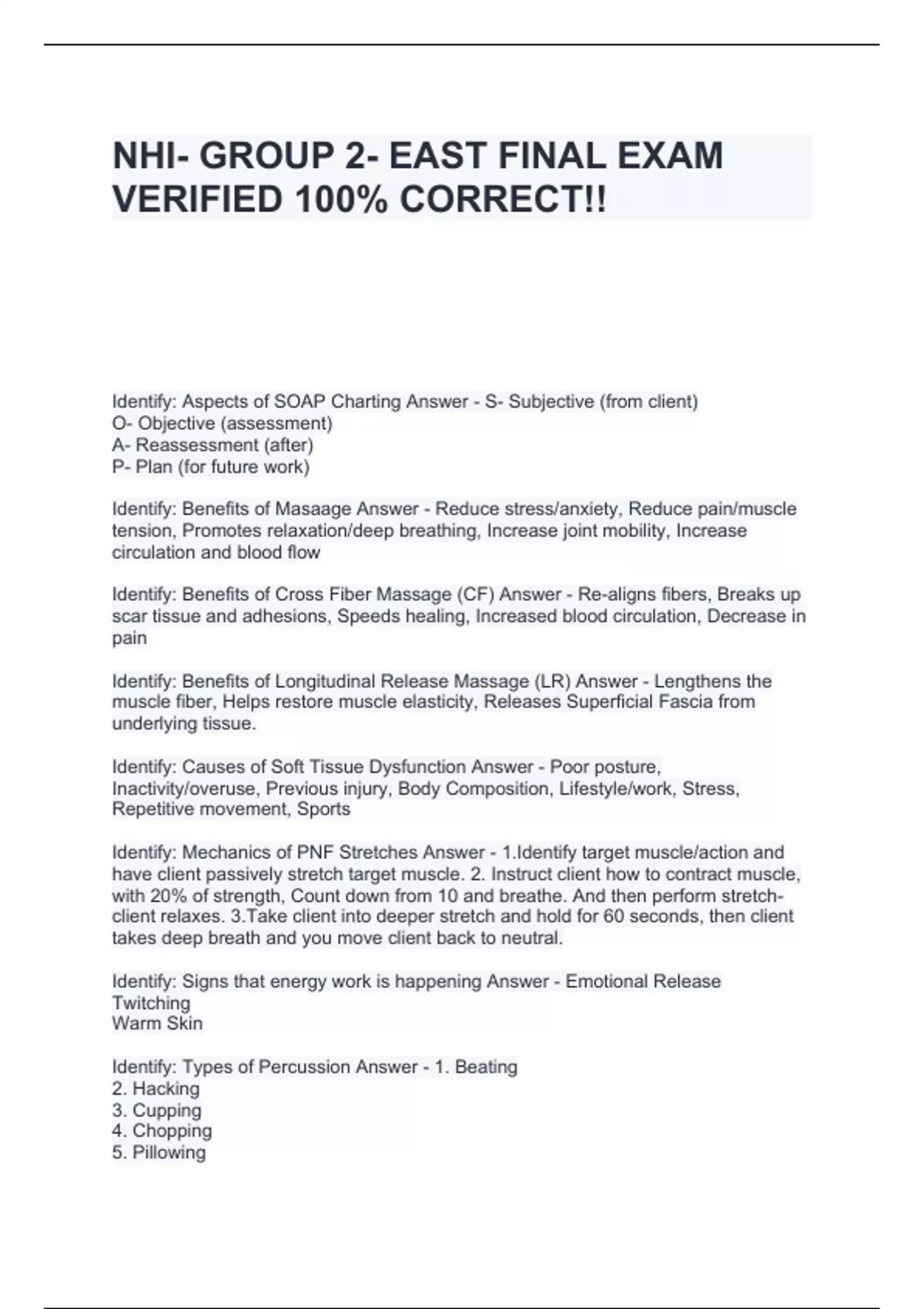 NHI- GROUP 2- EAST FINAL EXAM VERIFIED 100% CORRECT!! - NHI - Stuvia US