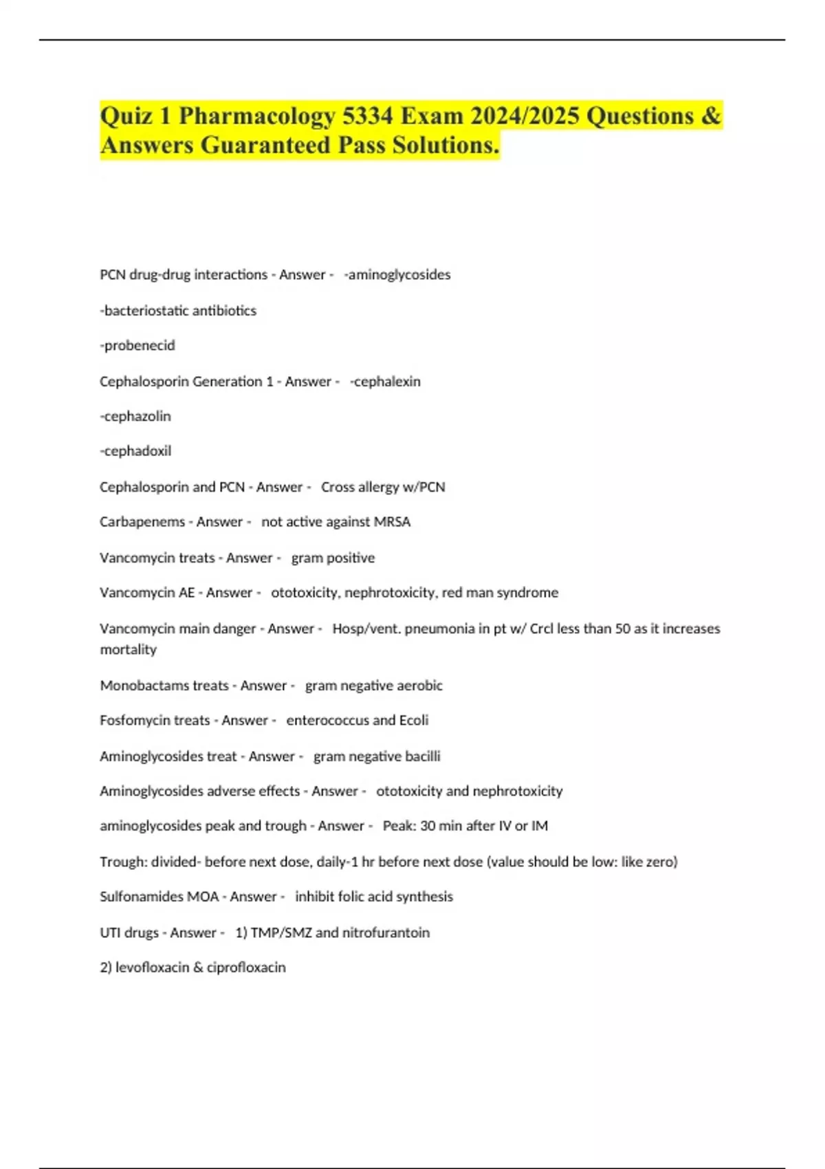 Quiz 1 Pharmacology 5334 Exam Questions & Answers Guaranteed Pass ...