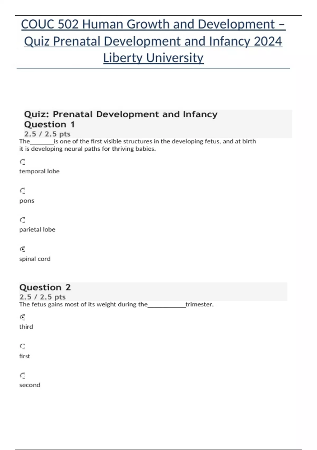 COUC 502 Human Growth and Development –Quiz Prenatal Development and ...