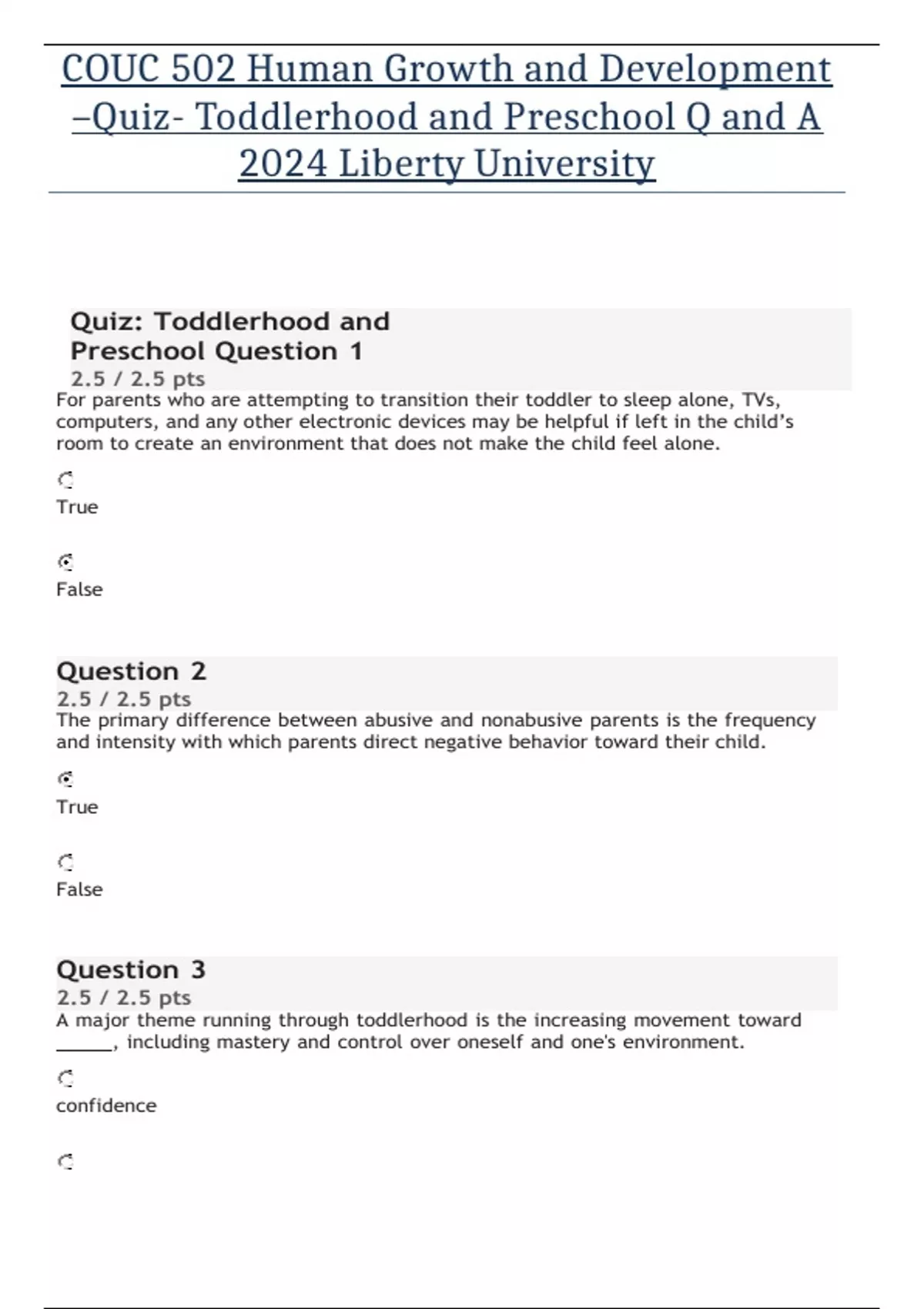 COUC 502 Human Growth and Development –Quiz- Toddlerhood and Preschool ...