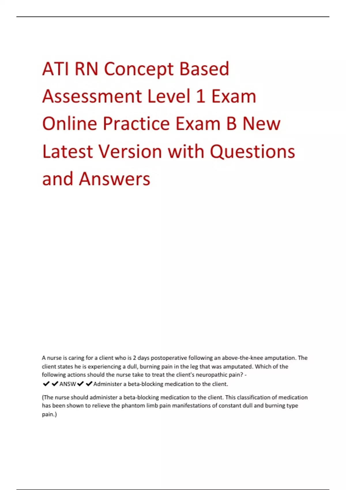 ATI RN Concept Based Assessment Level 1 Exam Online Practice Exam B New ...