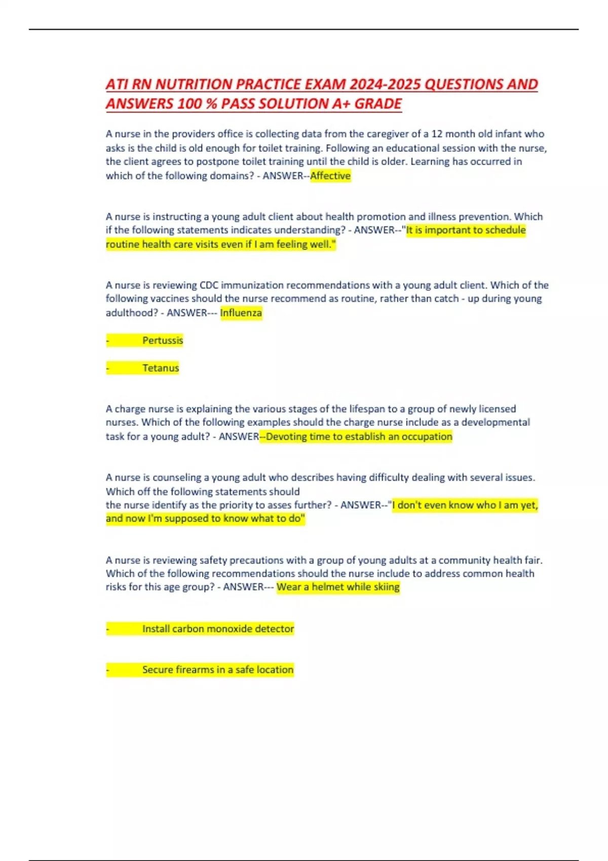 ATI RN NUTRITION PRACTICE EXAM QUESTIONS AND ANSWERS 100 % PASS ...