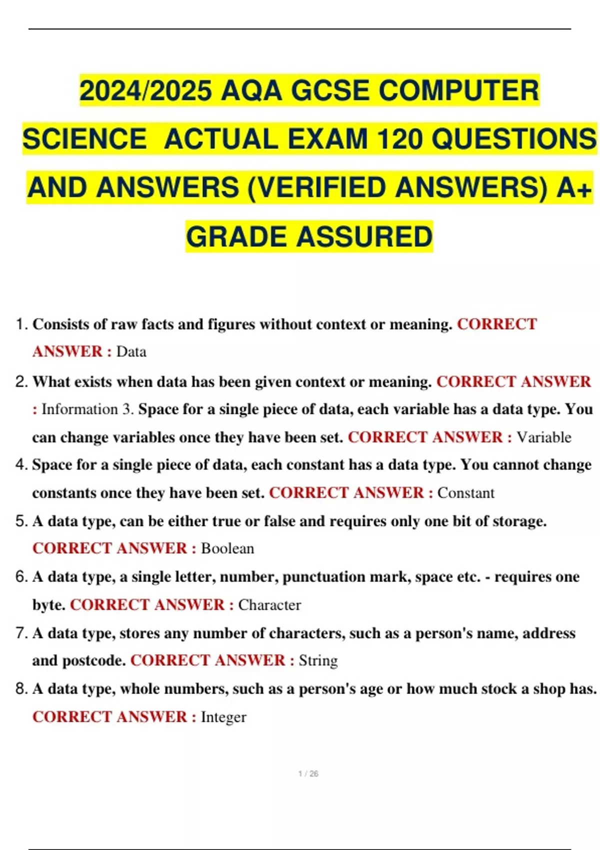 AQA GCSE COMPUTER SCIENCE ACTUAL EXAM 120 QUESTIONS AND ANSWERS (VERIFIED - AQA GCSE COMPUTER ...
