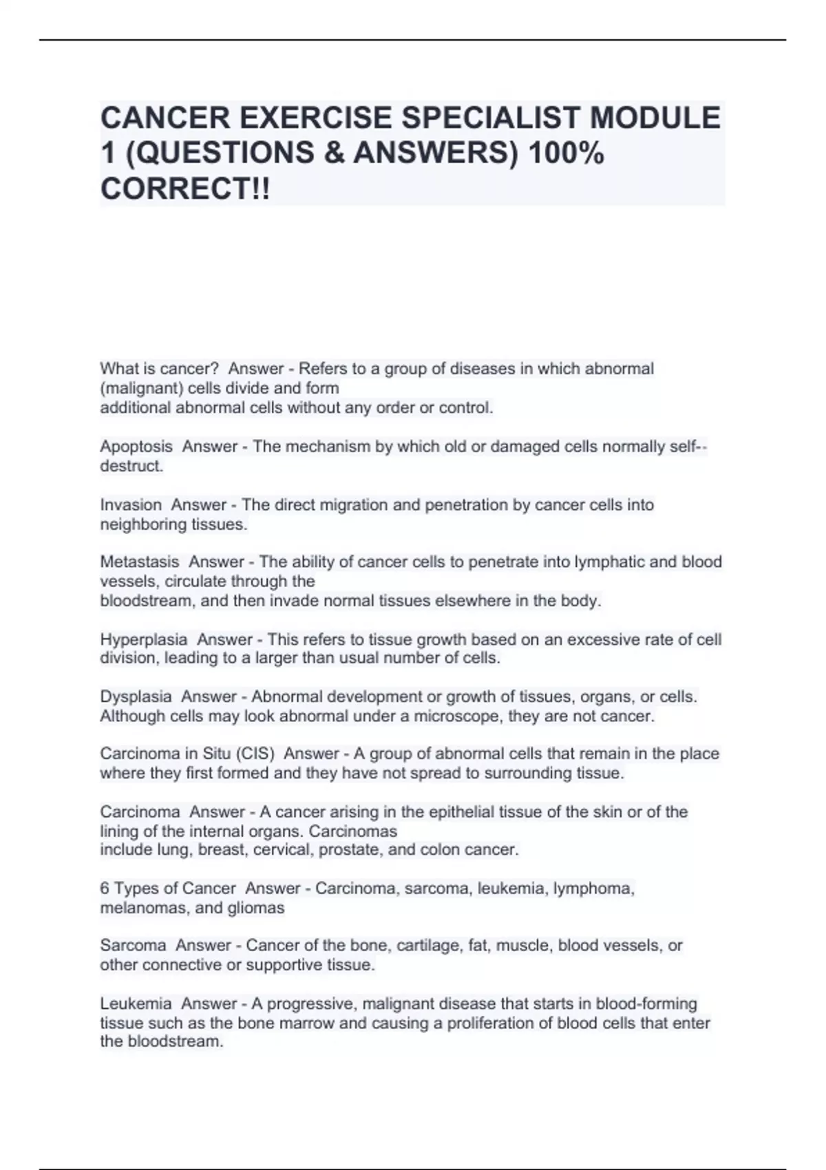 CANCER EXERCISE SPECIALIST MODULE 1 (QUESTIONS & ANSWERS) 100% CORRECT ...
