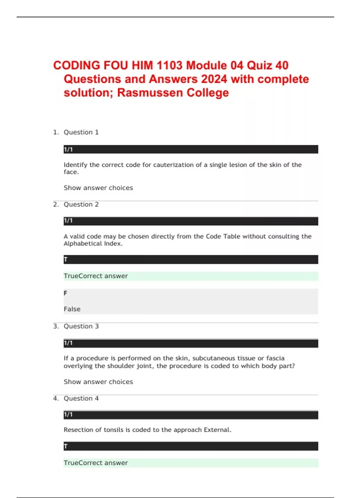 CODING FOU HIM 1103 Module 04 Quiz 40 Questions and Answers 2024 with ...