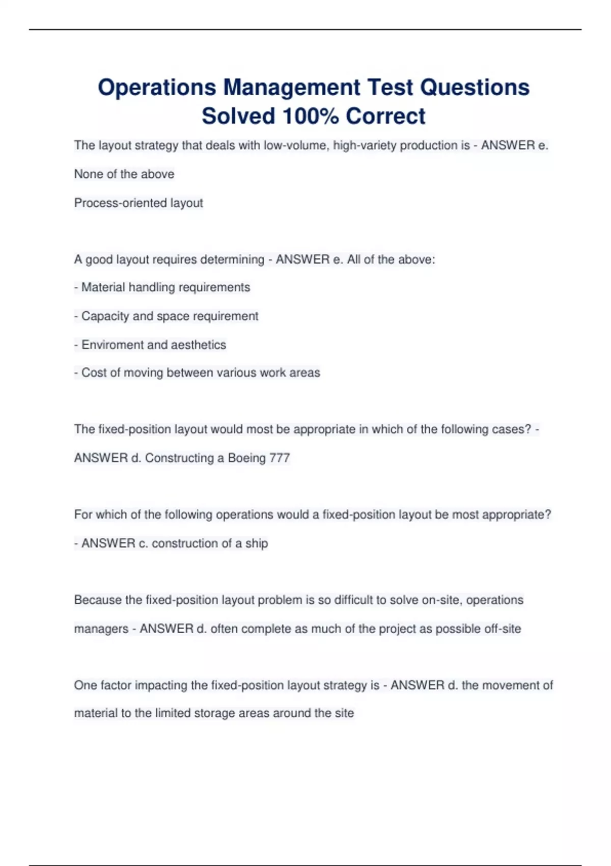 Operations Management Test Questions Solved 100% Correct - Operations ...