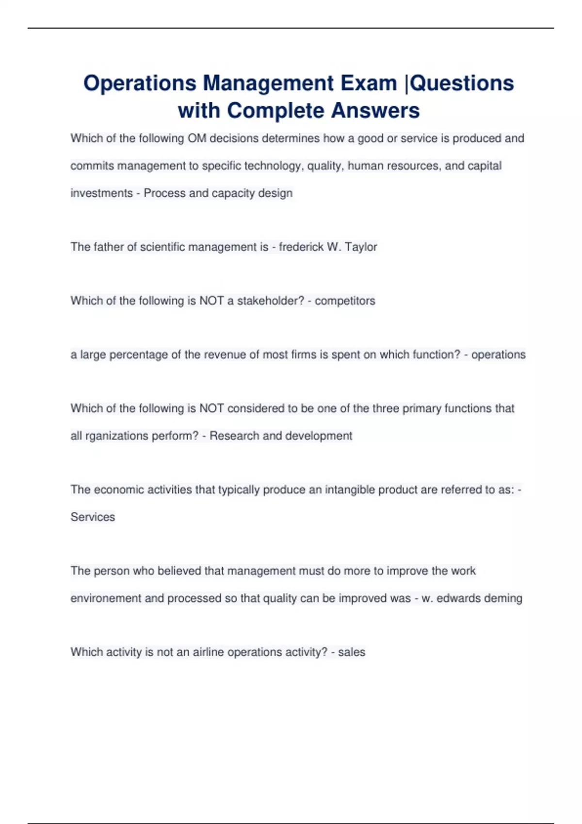 Operations Management Exam |Questions with Complete Answers ...