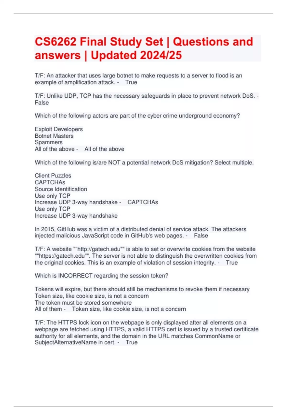 CS6262 Final Study Set | Questions and answers | Updated 2024/25 - CS6262 - Stuvia US