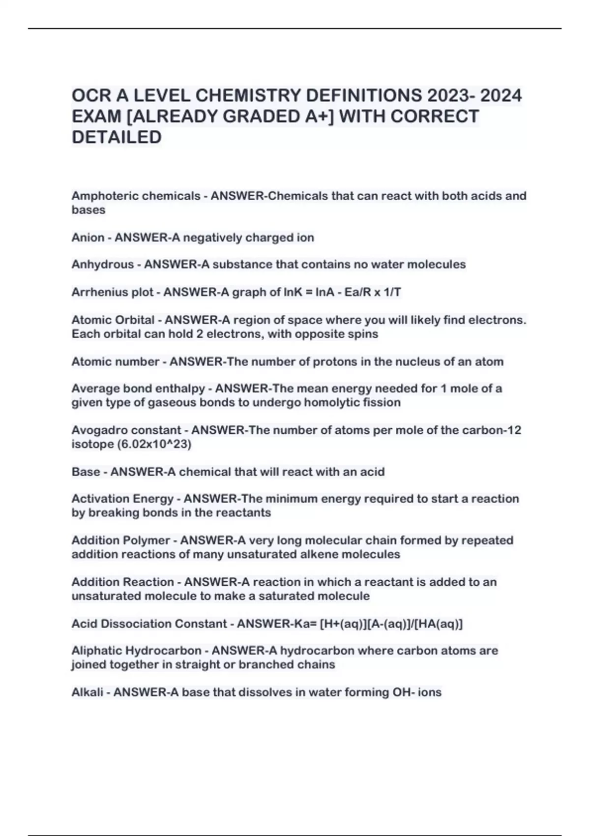 OCR A LEVEL CHEMISTRY DEFINITIONS EXAM [ALREADY GRADED A+] WITH CORRECT ...