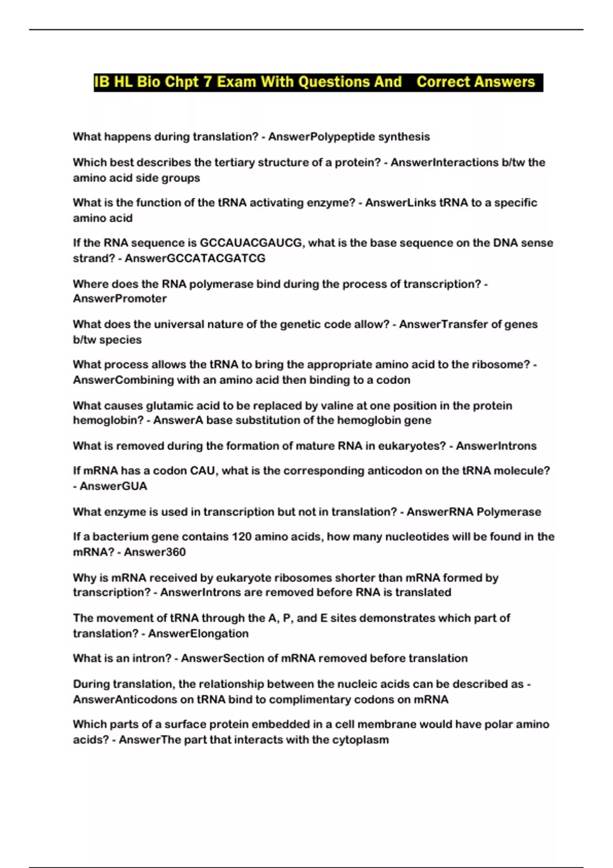 IB HL Bio Chpt 7 Exam With Questions And Correct Answers - IB HL Bio ...