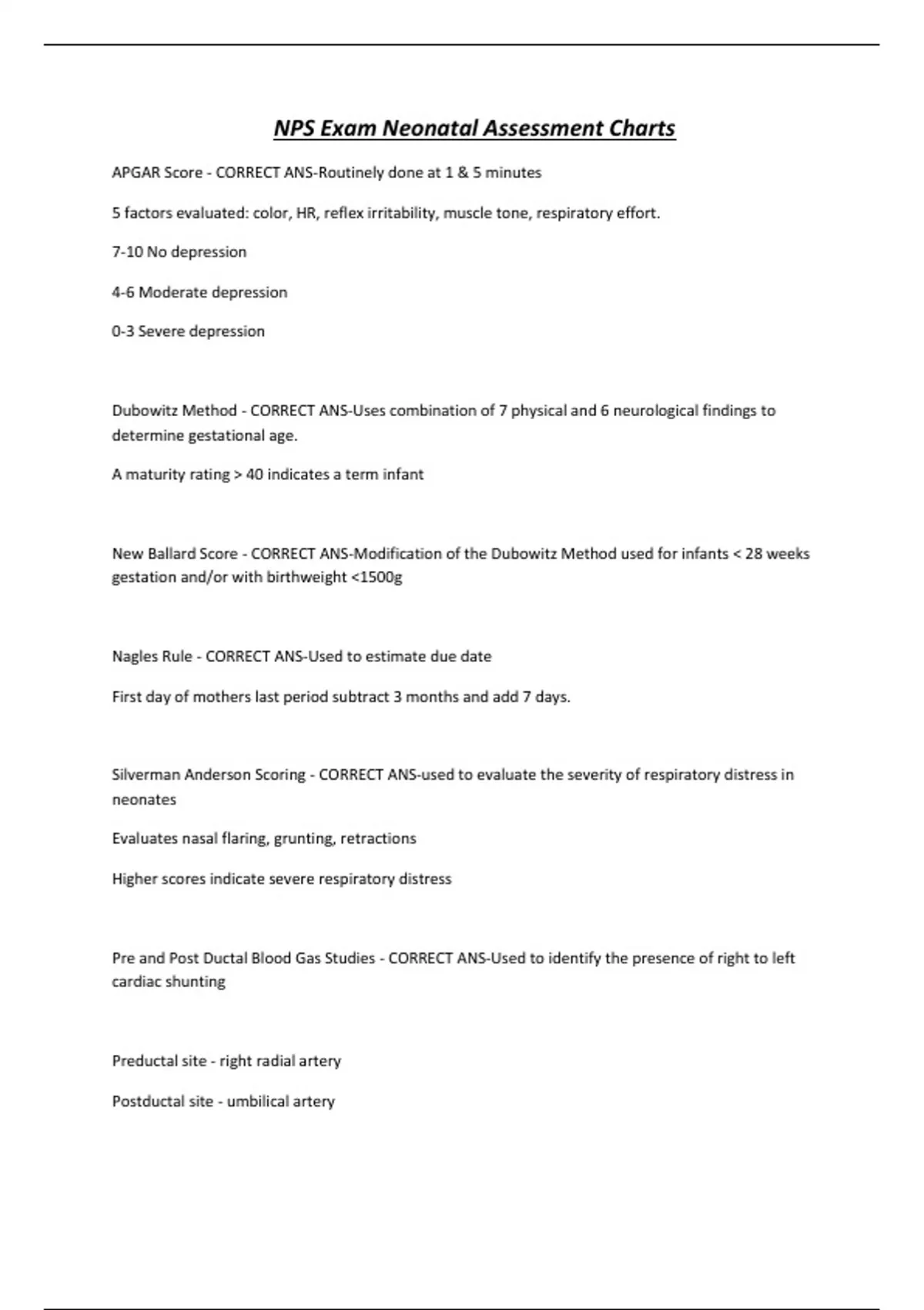 NPS Exam Neonatal Assessment Charts - NPS - Stuvia US