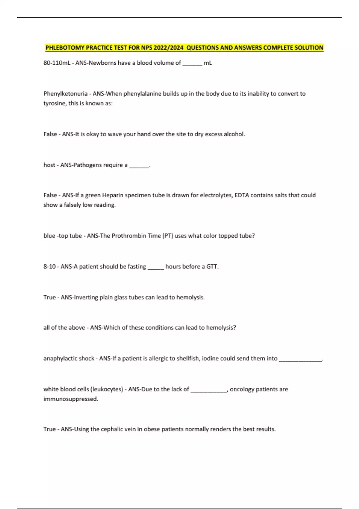 PHLEBOTOMY PRACTICE TEST FOR NPS 2022/2024 QUESTIONS AND ANSWERS ...