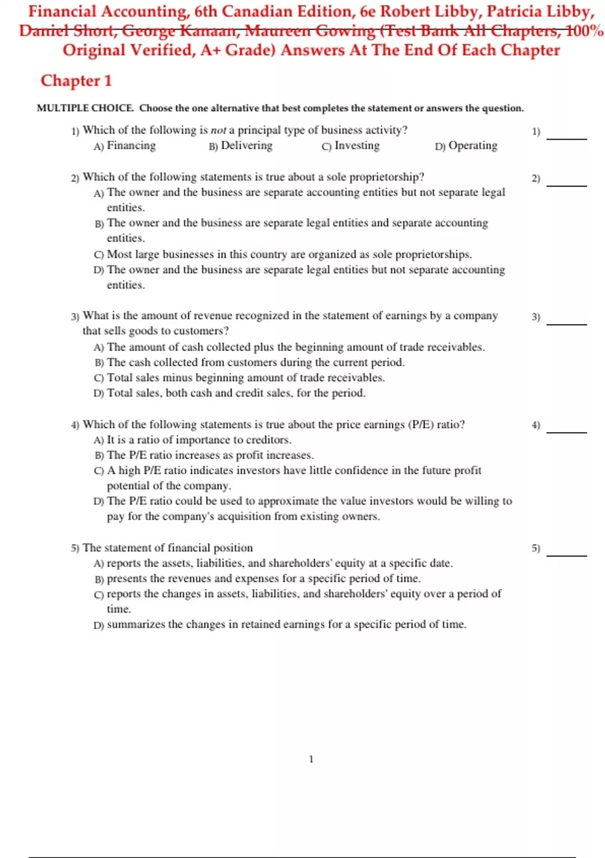 Test Bank for Financial Accounting 6th Canadian Edition By Robert Libby ...