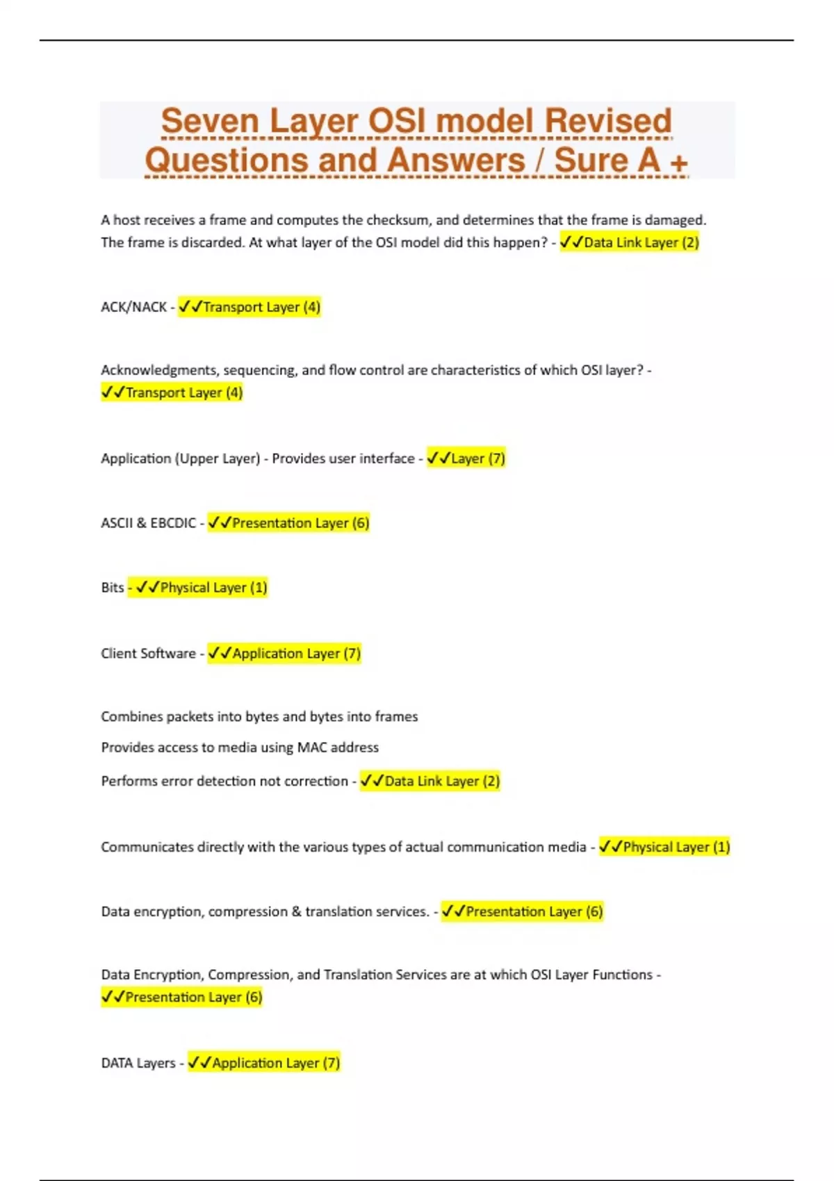 Seven Layer OSI model Revised Questions and Answers / Sure A + - OSI ...