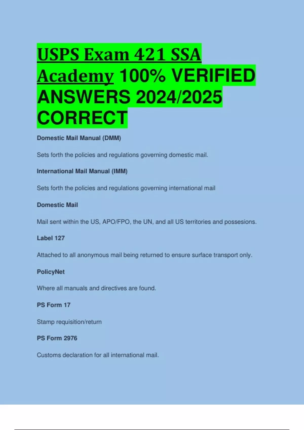 USPS Exam 421 SSA Academy 100% VERIFIED ANSWERS 2024/2025 CORRECT ...
