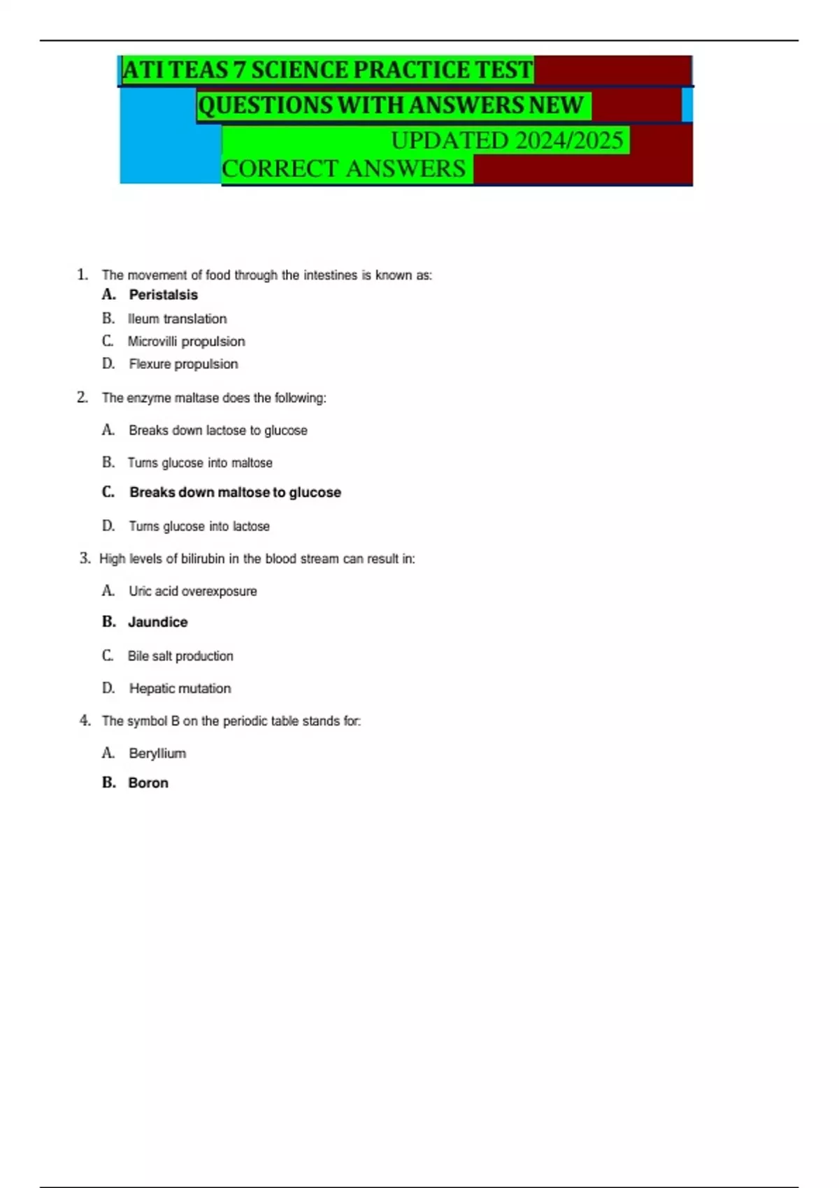 BEST ANSWERS ATI TEAS 7 SCIENCE PRACTICE TEST QUESTIONS WITH ANSWERSNEW ...