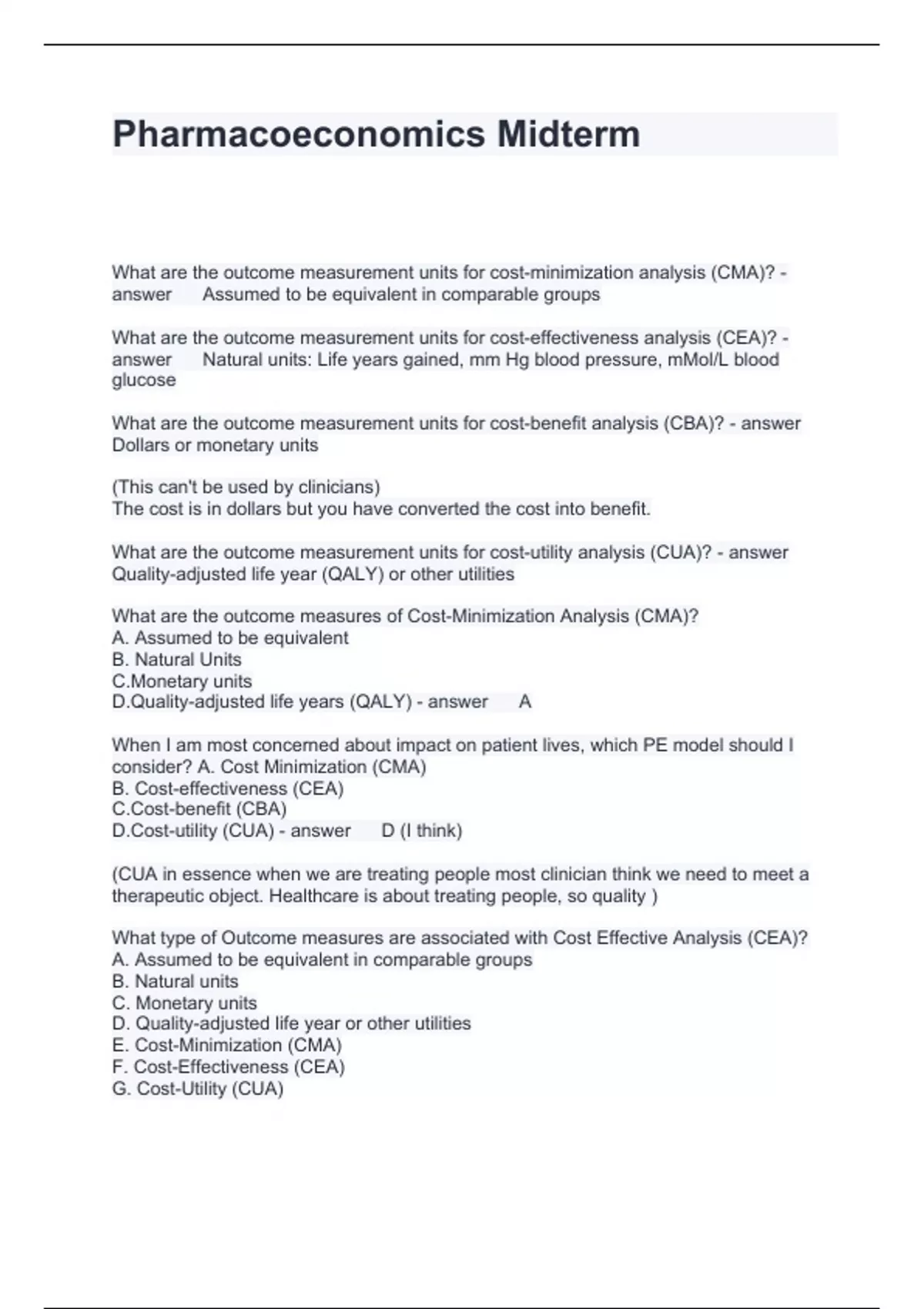 Pharmacoeconomic Midterm Questions with solutions - CUA - Certified ...