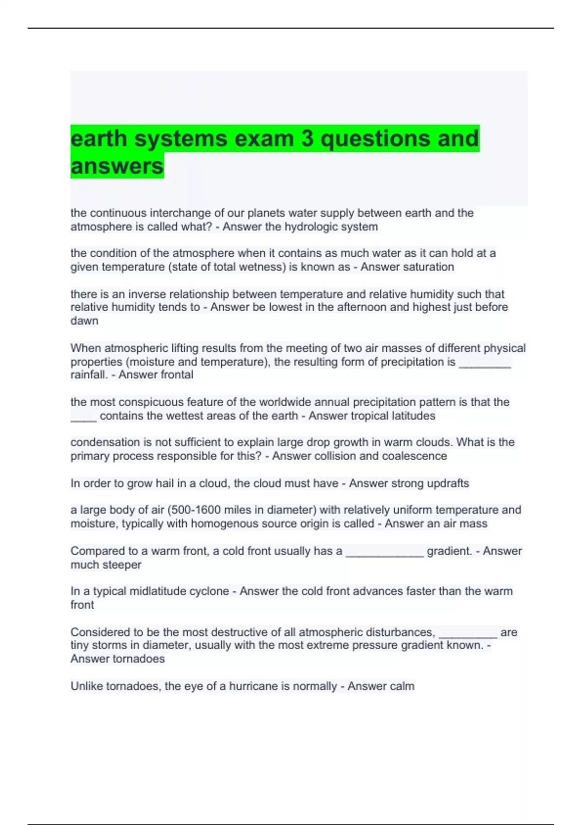 earth systems exam 3 questions and answers - Earth System - Stuvia US