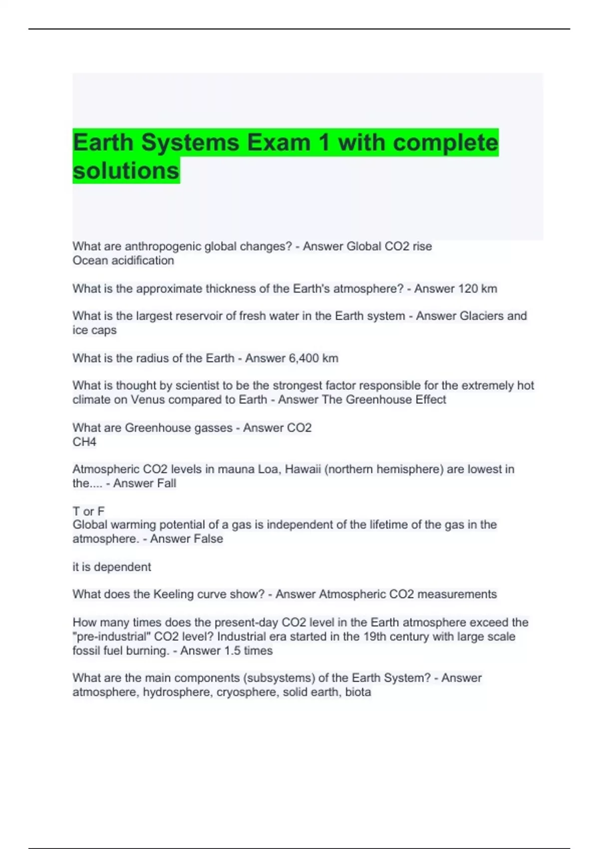 Earth Systems Exam 1 with complete solutions - Earth System - Stuvia US