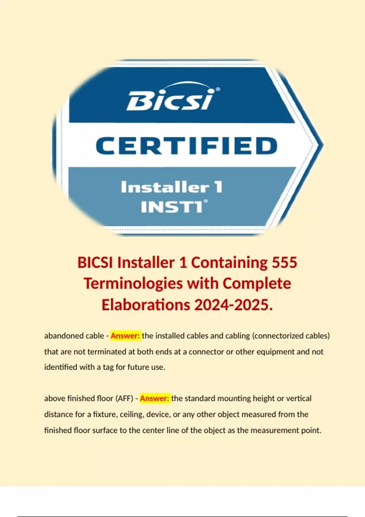 BICSI Installer 1 Containing 555 Terminologies with Complete ...
