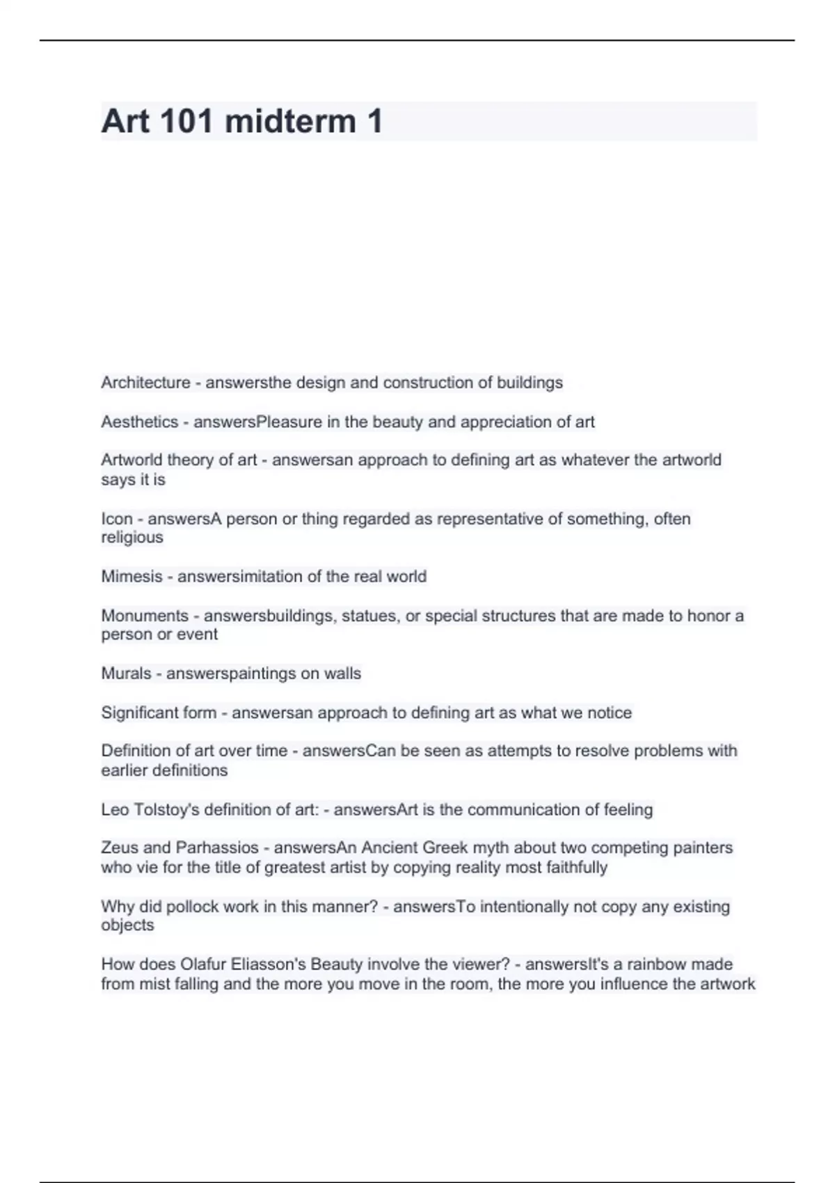Art 101 midterm 1 Exam with solved answers - Art 101 - Stuvia US