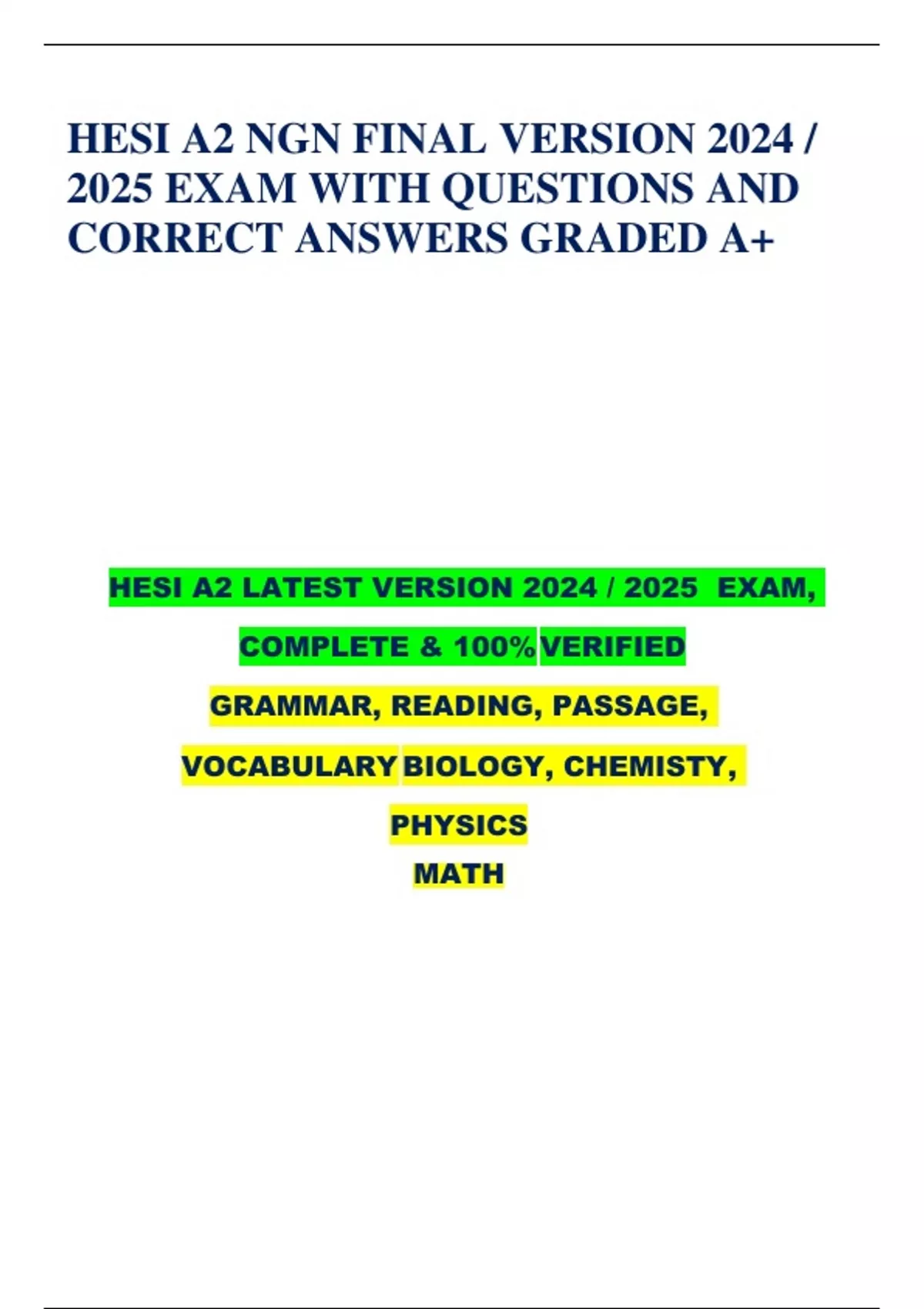 HESI A2 NGN FINAL VERSION 2024 / 2025 EXAM WITH QUESTIONS AND CORRECT ...